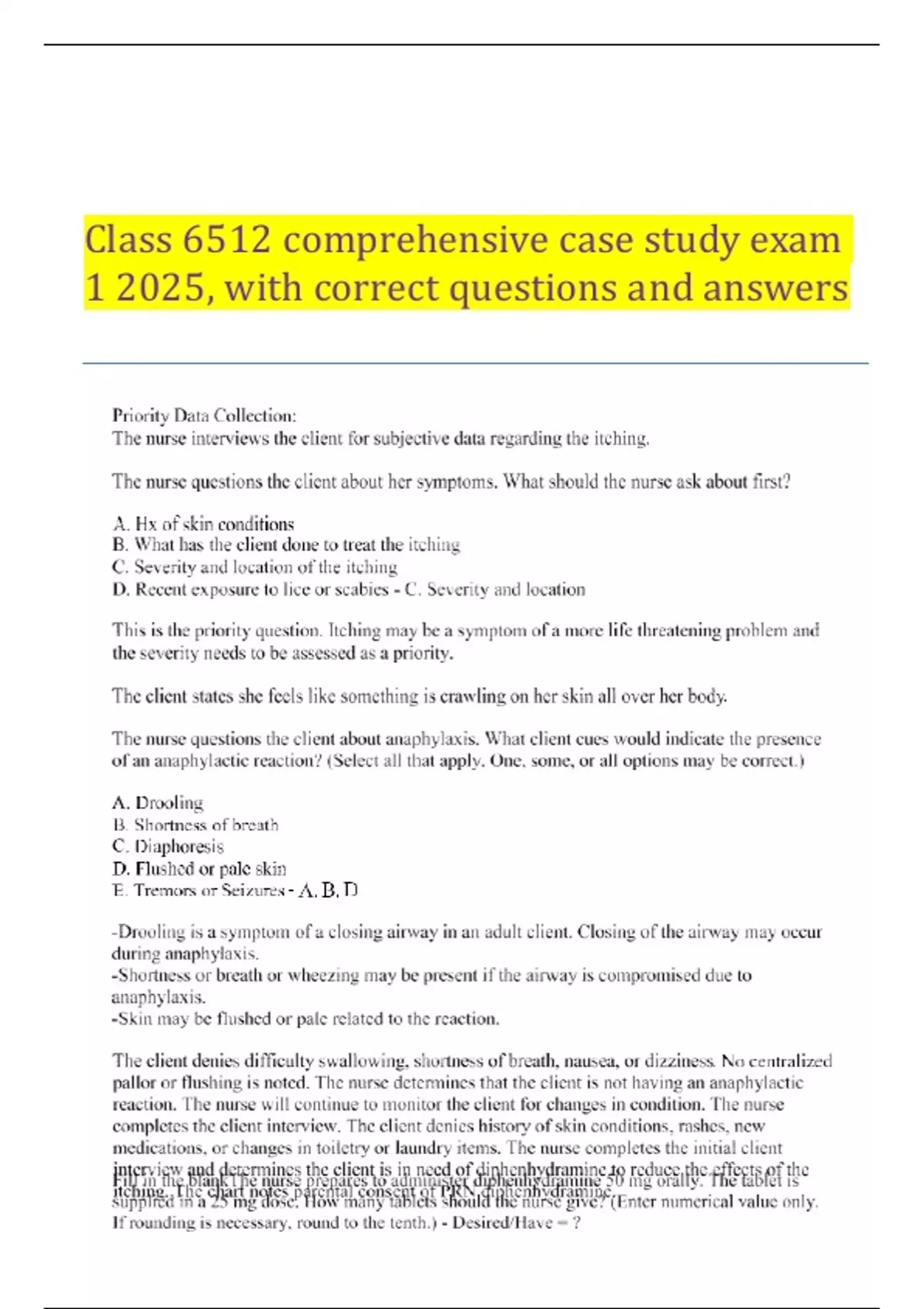 Class 6512 comprehensive case study exam 1 2025, with correct questions ...