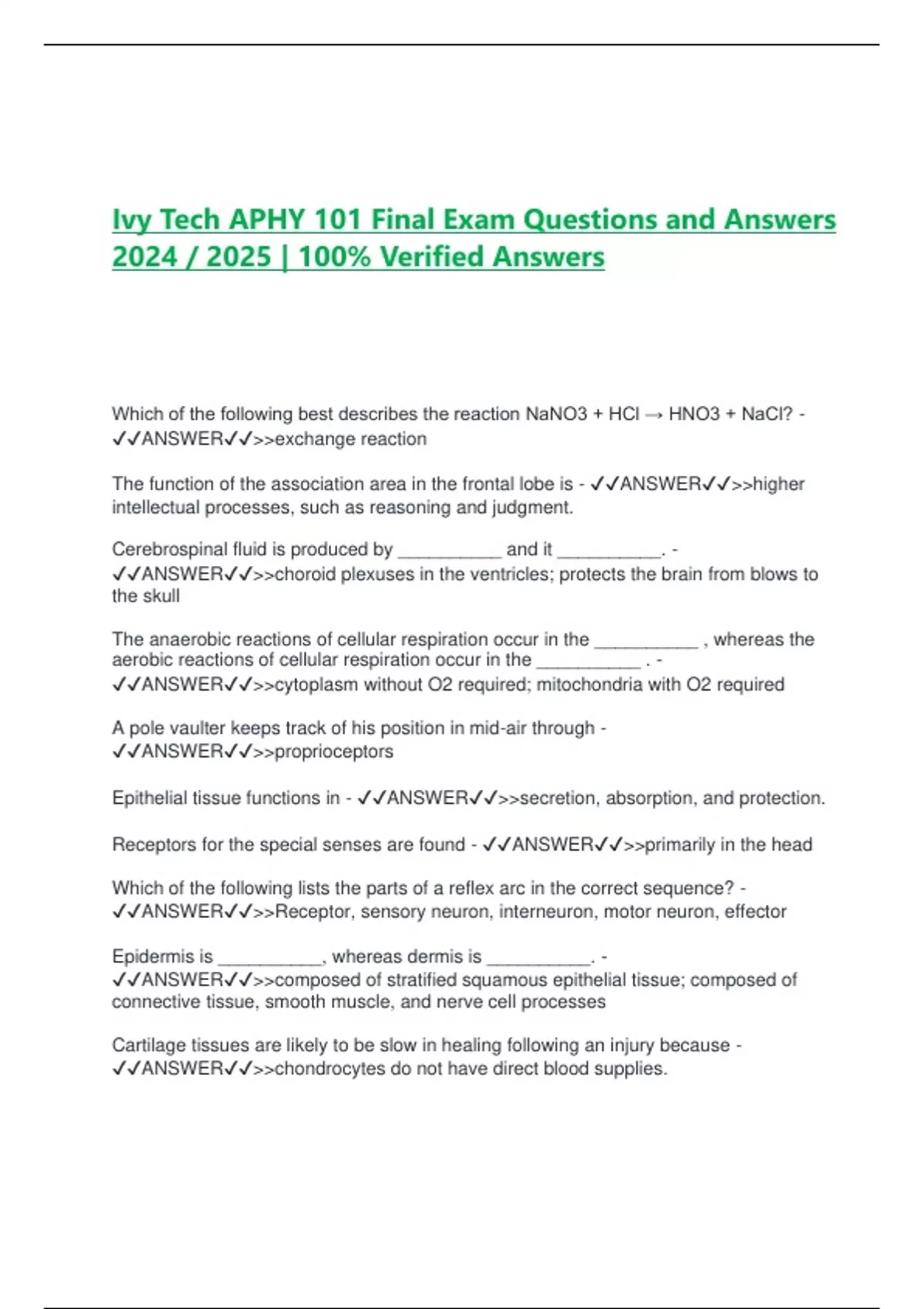 Ivy Tech APHY 101 Final Exam Questions and Answers 2024 / 2025 | 100% Verified Answers Which of ...