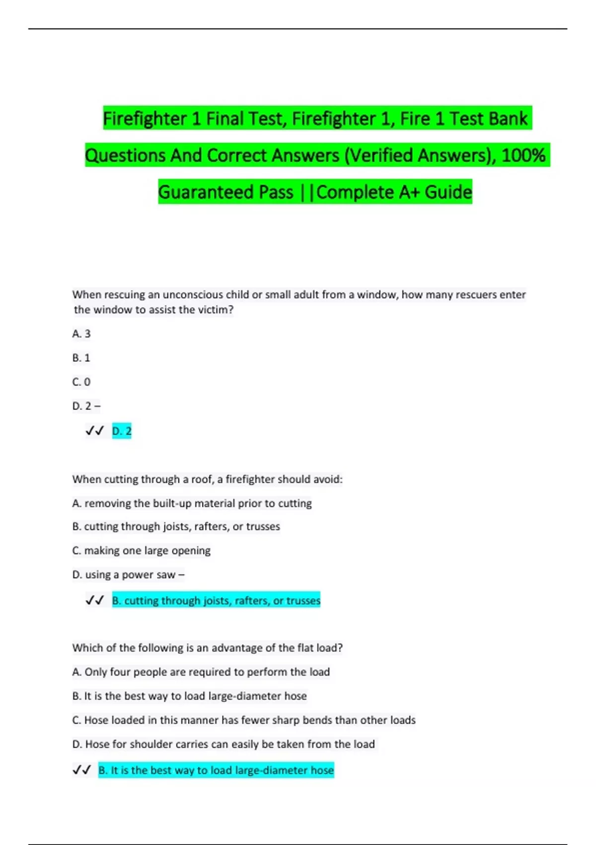 Firefighter 1 Final Test, Firefighter 1, Fire 1 Test Bank Questions And ...
