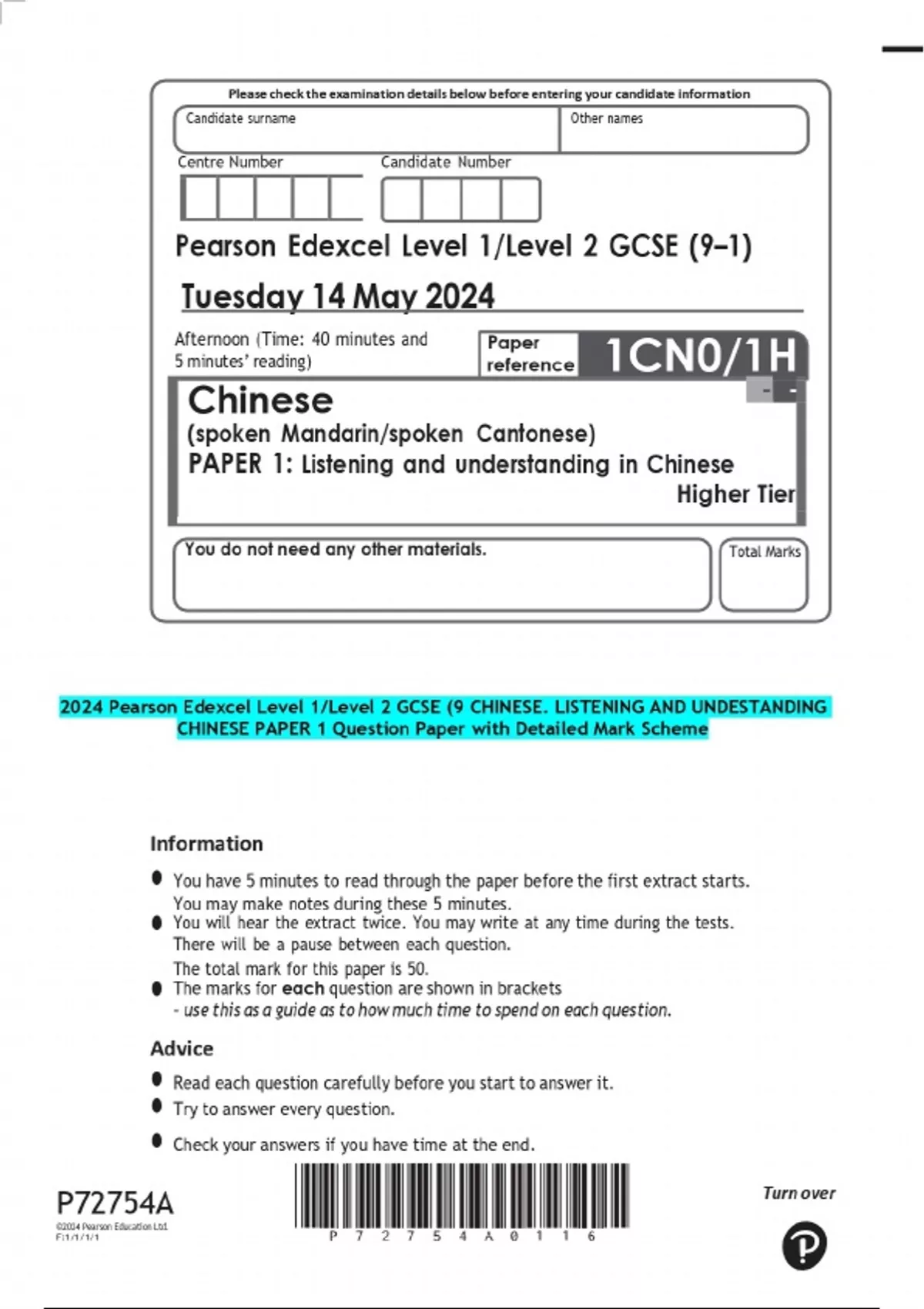 2024 Pearson Edexcel Level 1/Level 2 GCSE (9 CHINESE. LISTENING AND ...