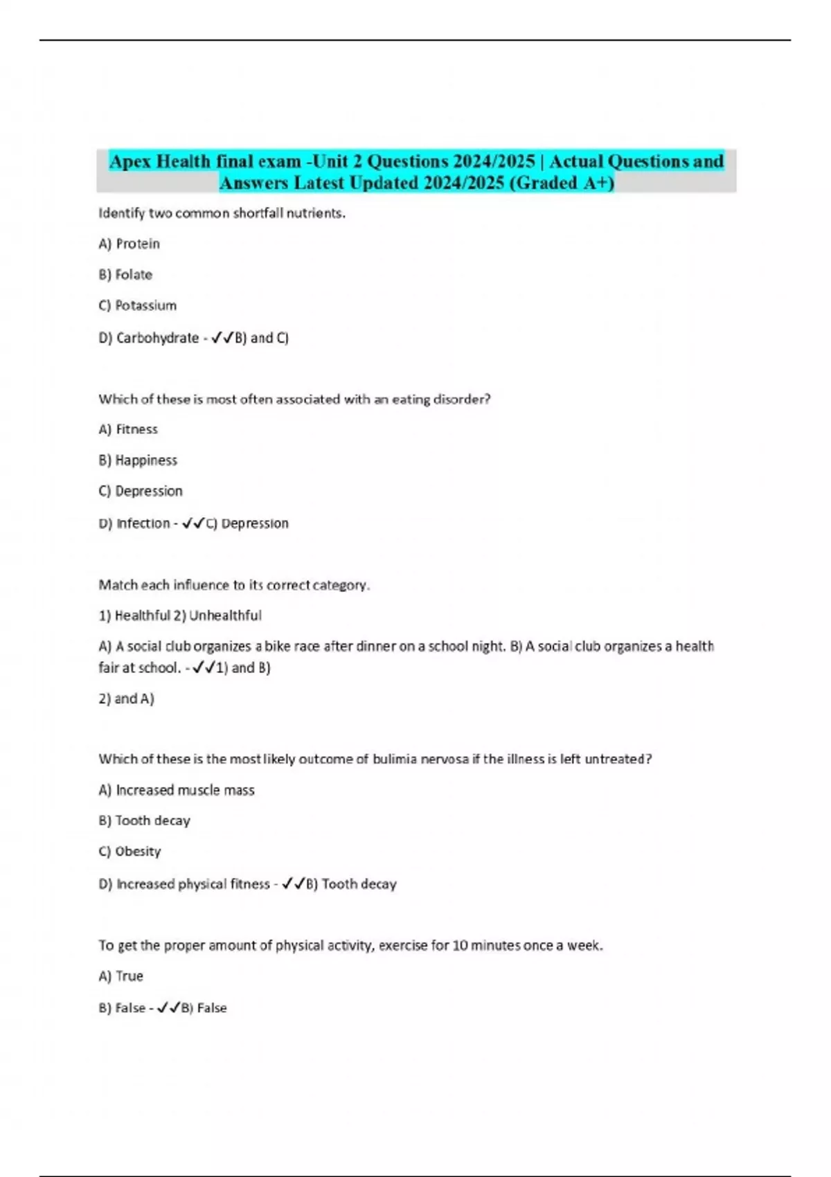Apex Health final exam -Unit 2 Questions 2024/2025 | Actual Questions ...
