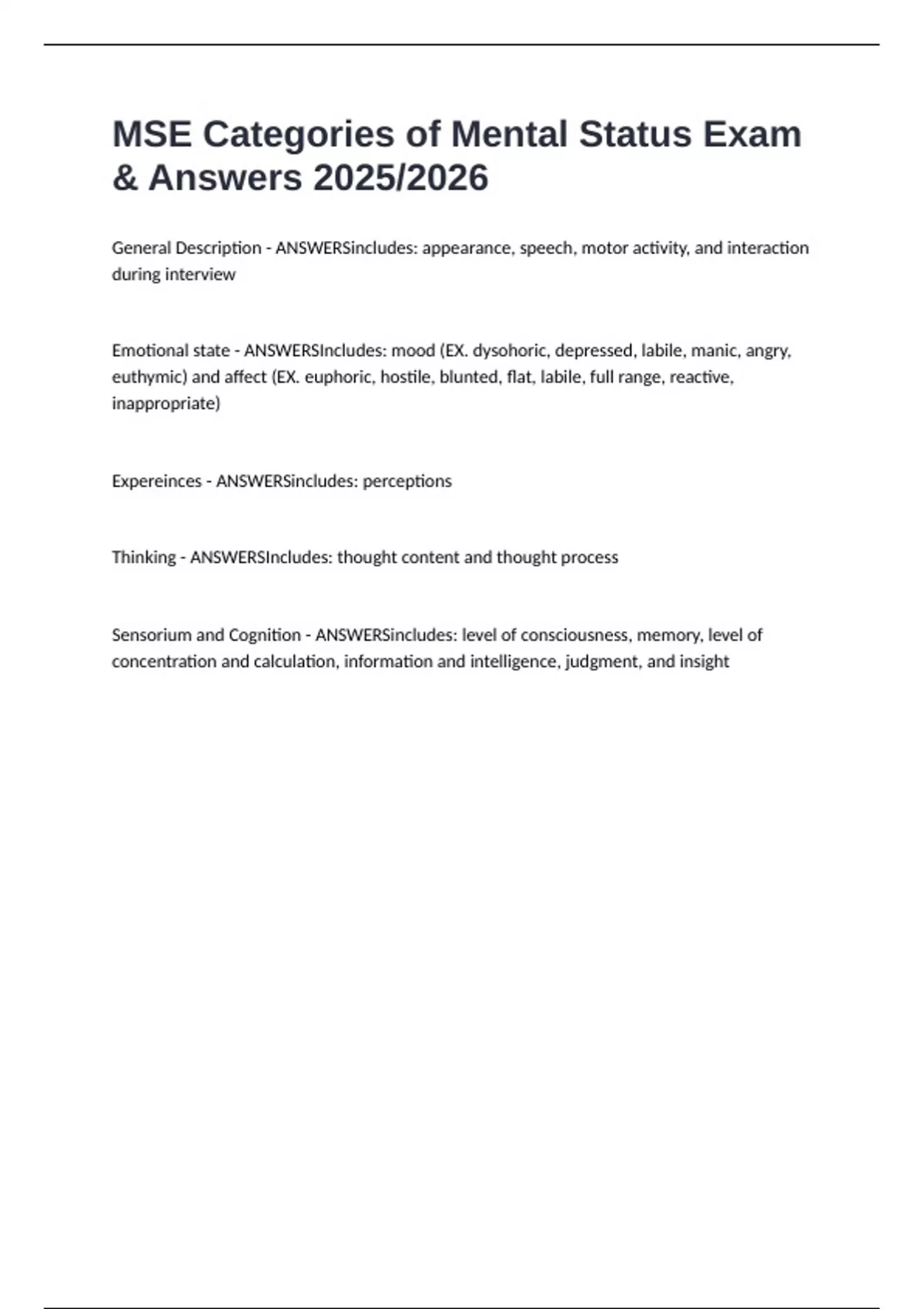 MSE Categories of Mental Status Exam & Answers 2025/2026 - MSE Categories of Mental Status ...