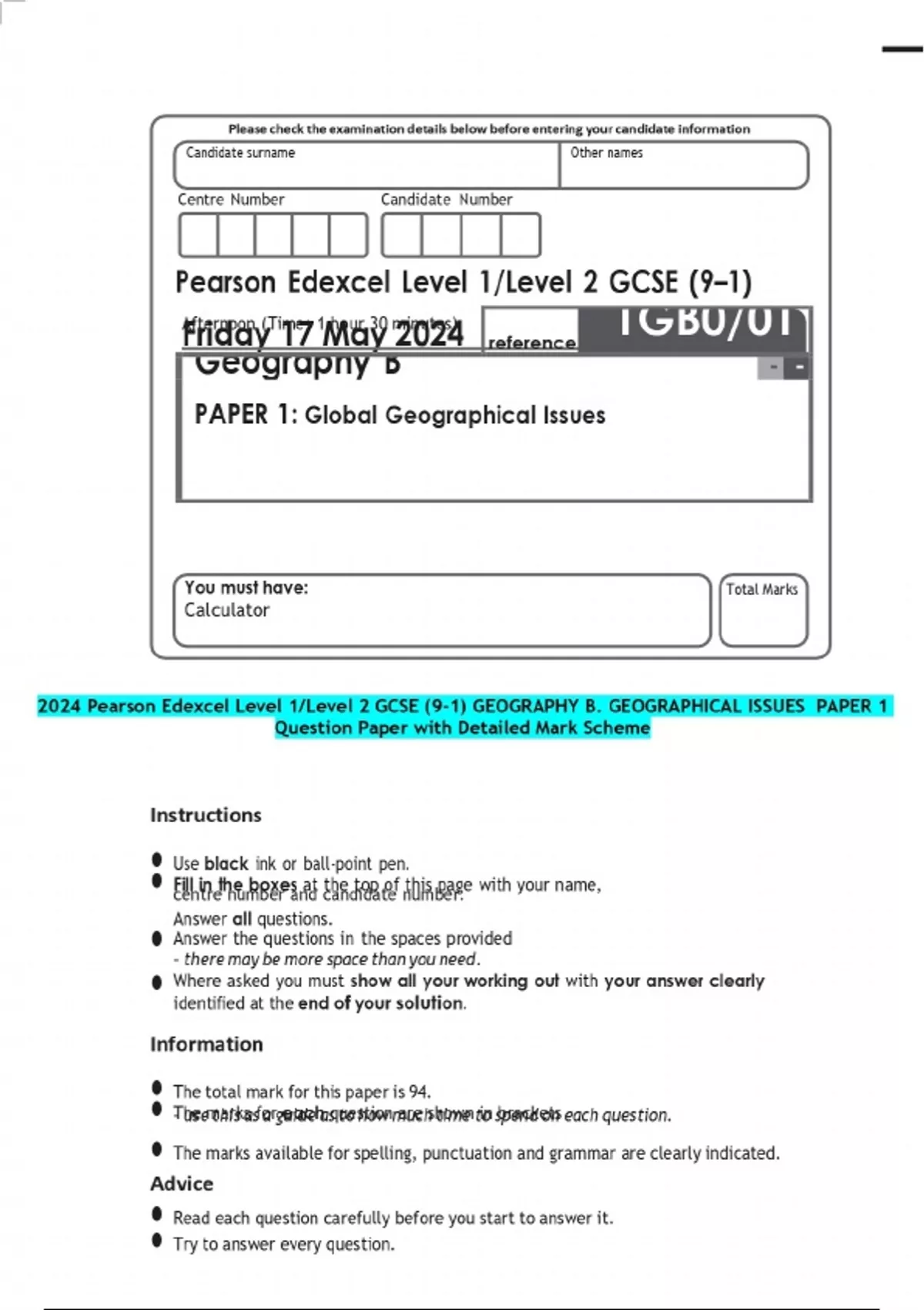 2024 Pearson Edexcel Level 1/Level 2 GCSE (9–1) GEOGRAPHY B ...