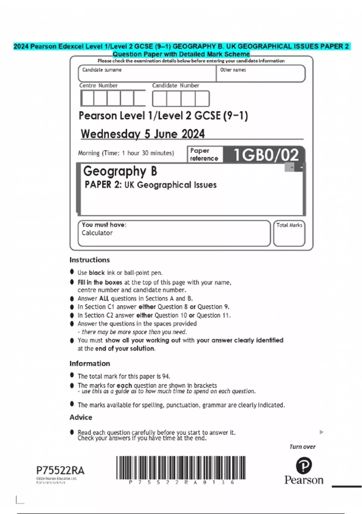 2024 Pearson Edexcel Level 1/Level 2 GCSE (9–1) GEOGRAPHY B. UK ...