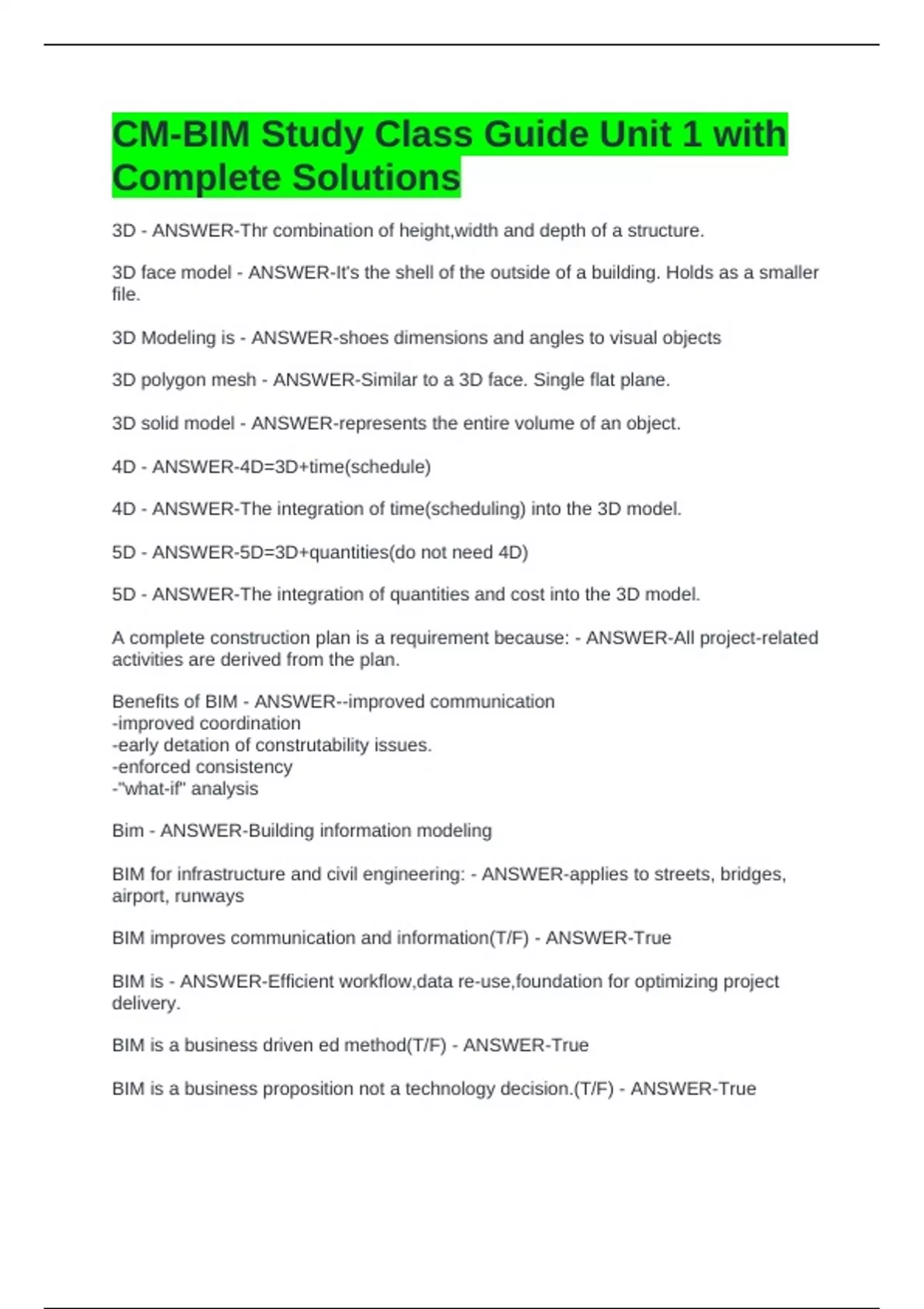 CM-BIM Study Class Guide Unit 1 with Complete Solutions - CM-BIM ...