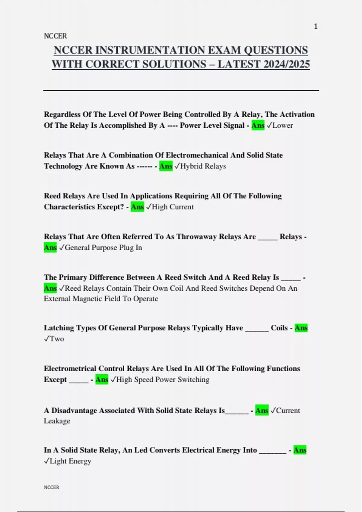 NCCER INSTRUMENTATION EXAM QUESTIONS WITH CORRECT SOLUTIONS – LATEST ...
