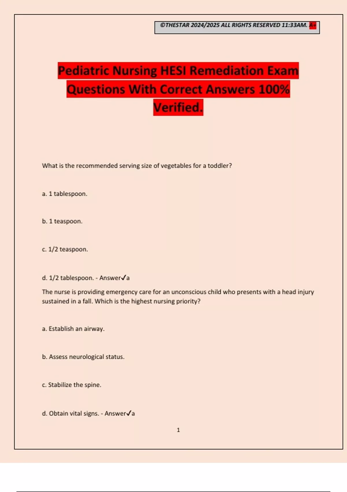 Pediatric Nursing HESI Remediation Exam Questions With Correct Answers ...