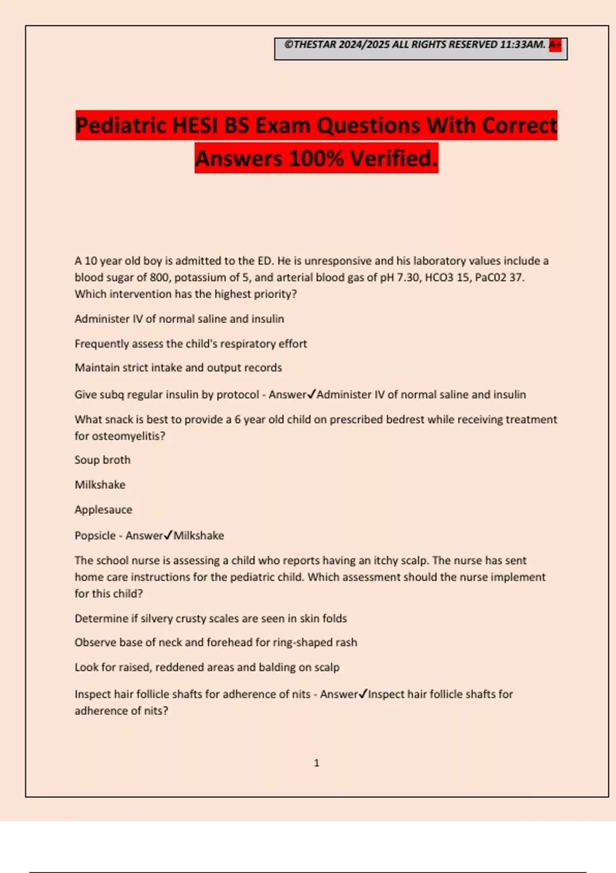 Pediatric HESI BS Exam Questions With Correct Answers 100% Verified ...