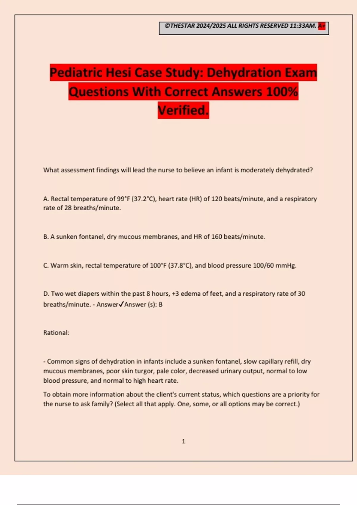 Pediatric Hesi Case Study: Dehydration Exam Questions With Correct ...