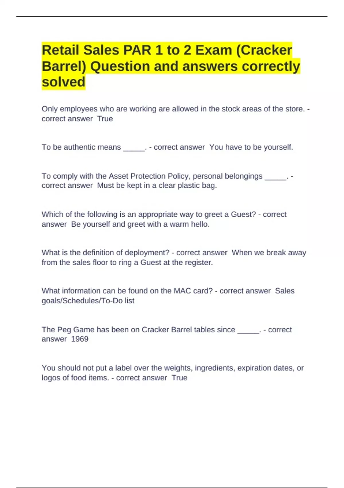 Retail Sales PAR 1 to 2 Exam (Cracker Barrel) Question and answers ...