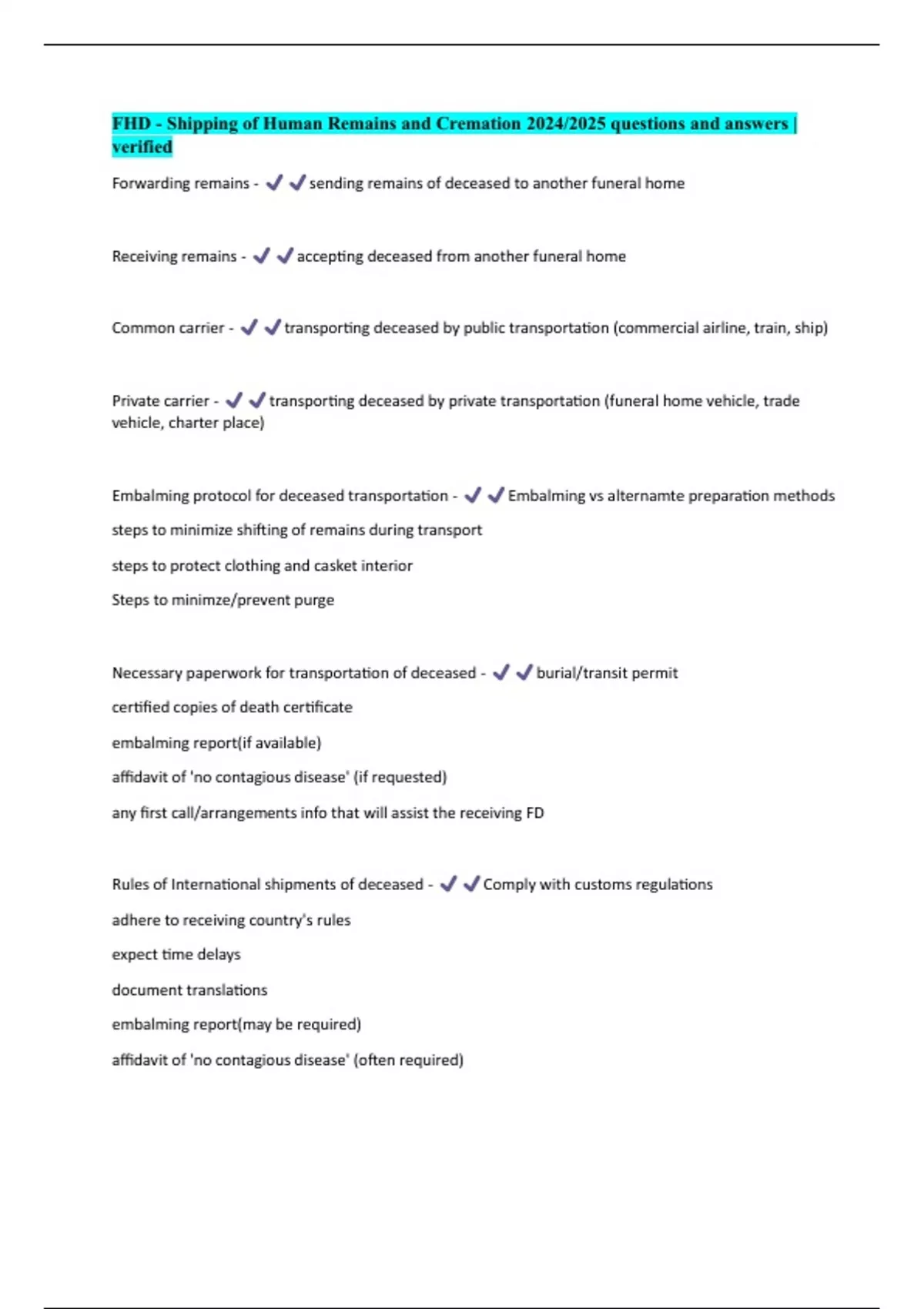 FHD - Shipping of Human Remains and Cremation 2024/2025 questions and ...