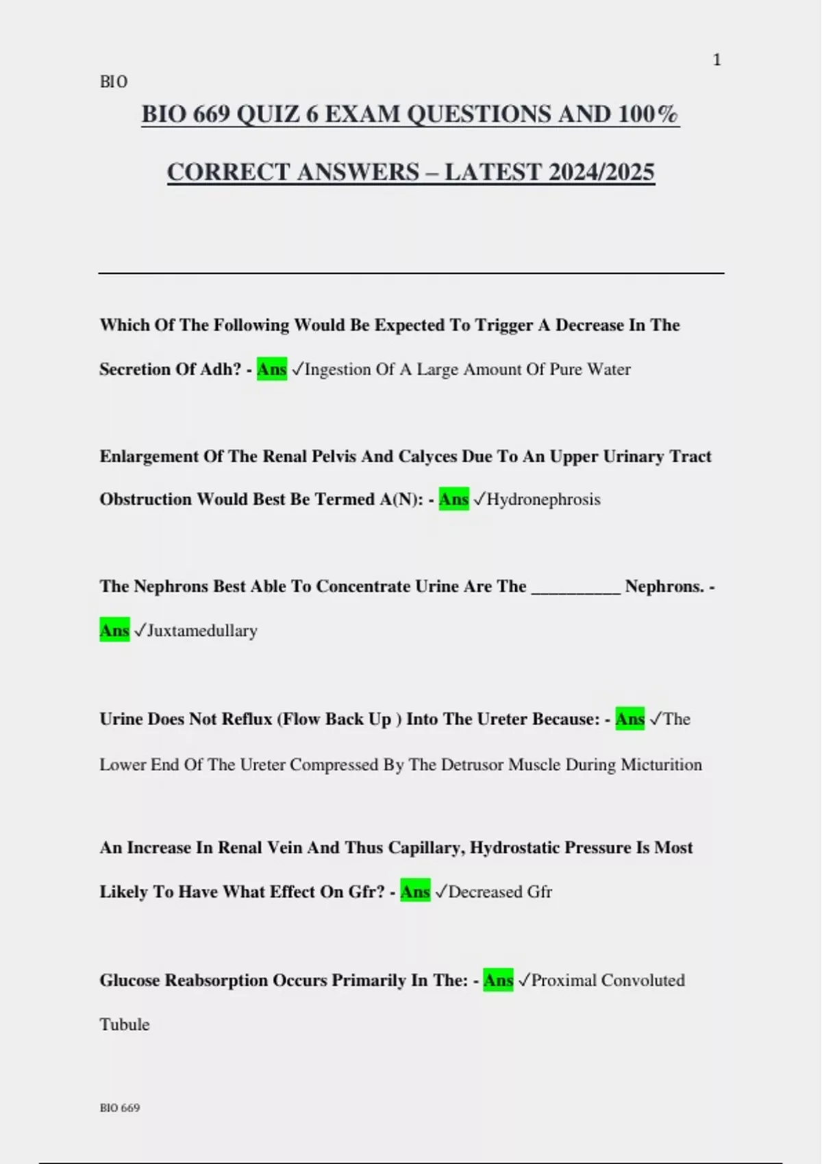 BIO 669 QUIZ 6 EXAM QUESTIONS AND 100% CORRECT ANSWERS – LATEST 2024/ ...