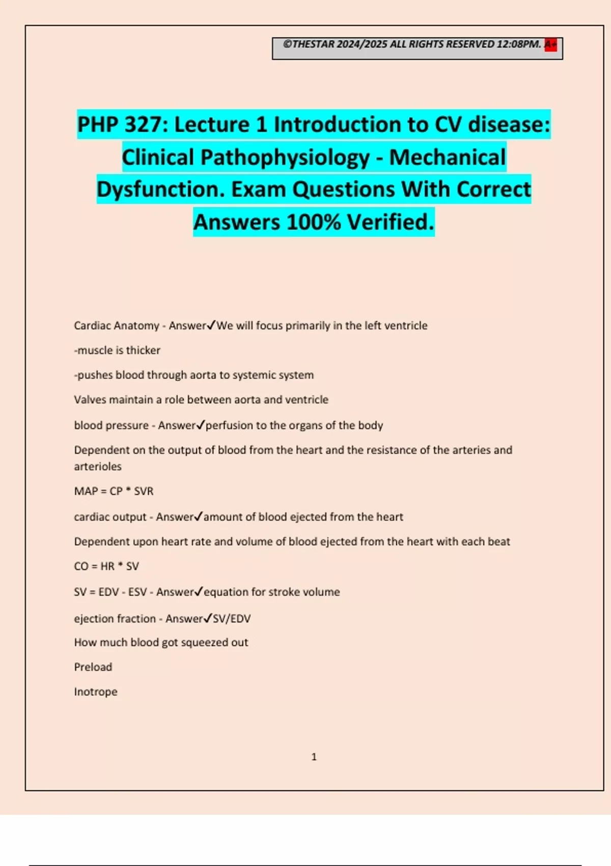 PHP 327: Lecture 1 Introduction to CV disease: Clinical Pathophysiology - Mechanical Dysfunction ...