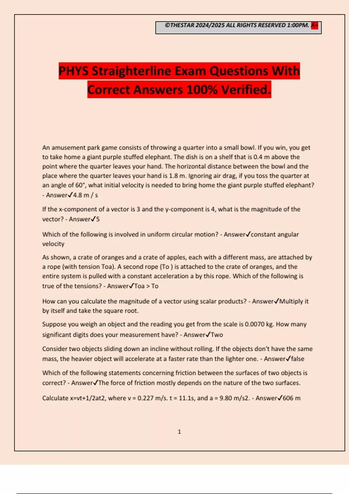 PHYS Straighterline Exam Questions With Correct Answers 100% Verified ...