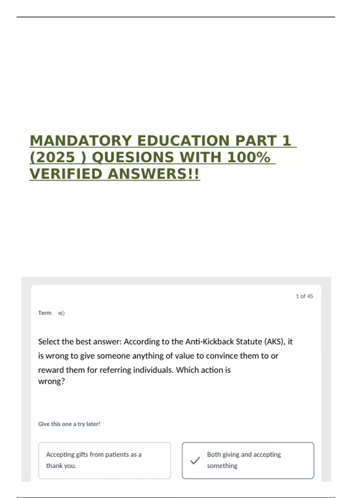MANDATORY EDUCATION PART 1 (2025 ) QUESIONS WITH 100% VERIFIED ANSWERS ...