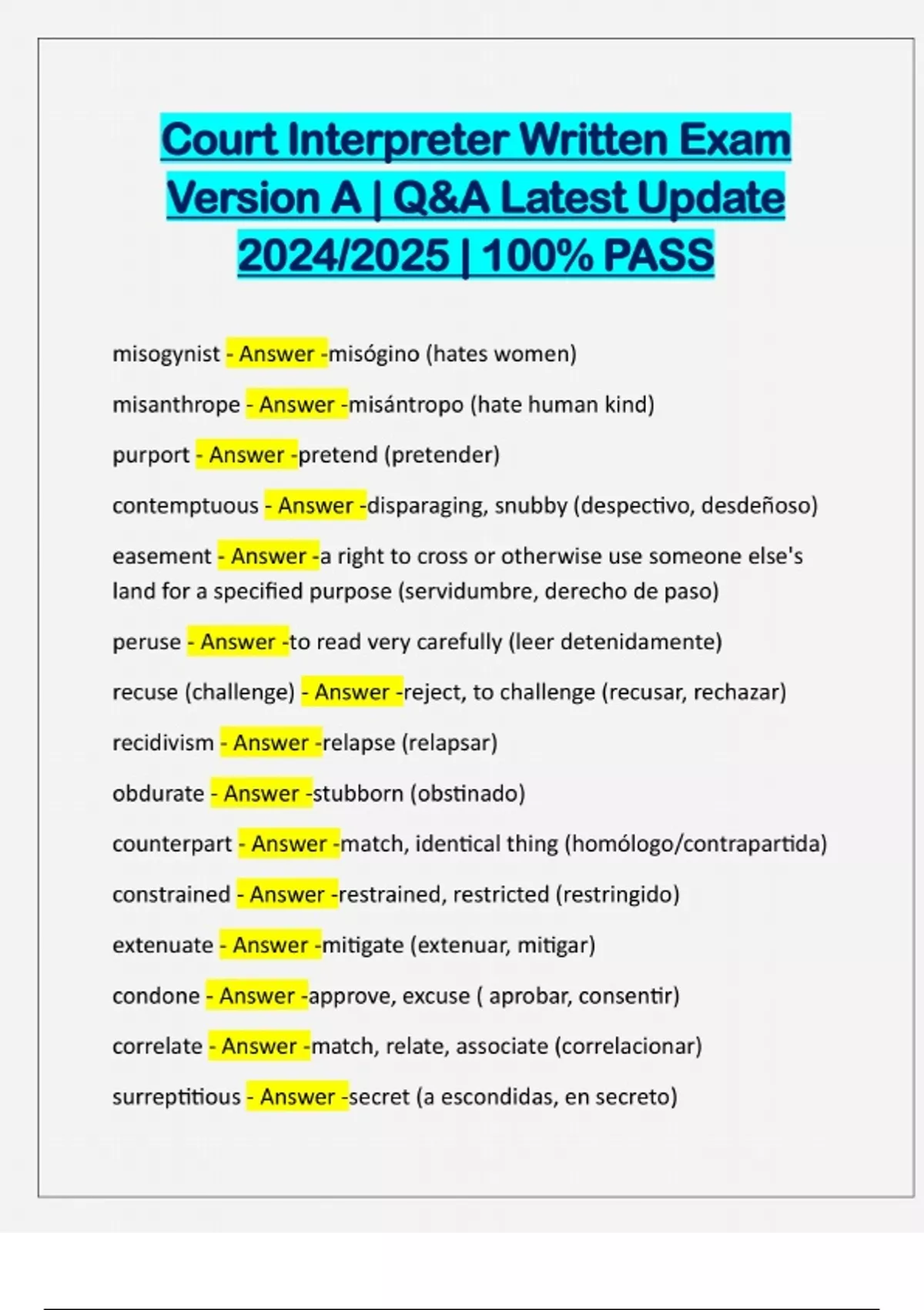 Court Interpreter Written Exam Version A | Q&A Latest Update 2024/2025 ...