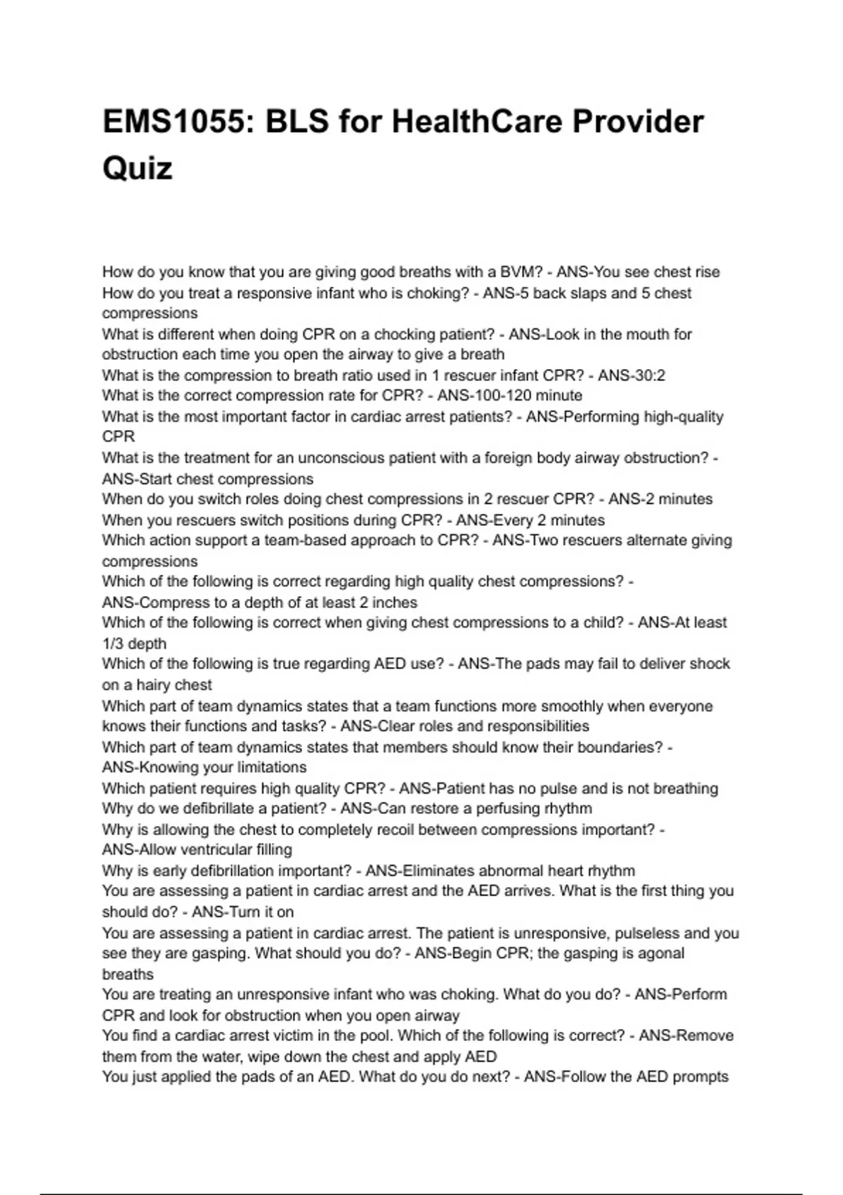 EMS1055: BLS for HealthCare Provider Quiz Questions And Answers 2025/ ...