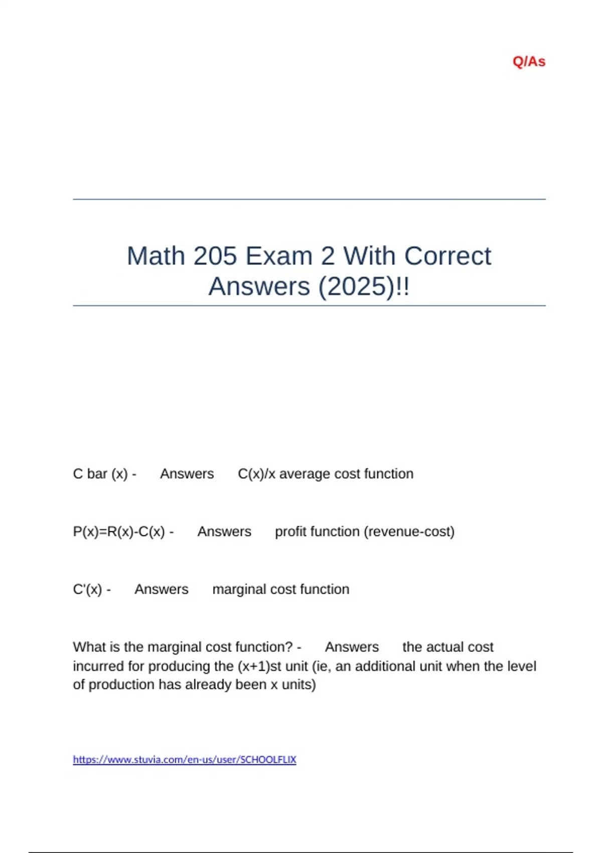 Math 205 Exam 2 With Correct Answers (2025)!! - Math 205 - Stuvia US