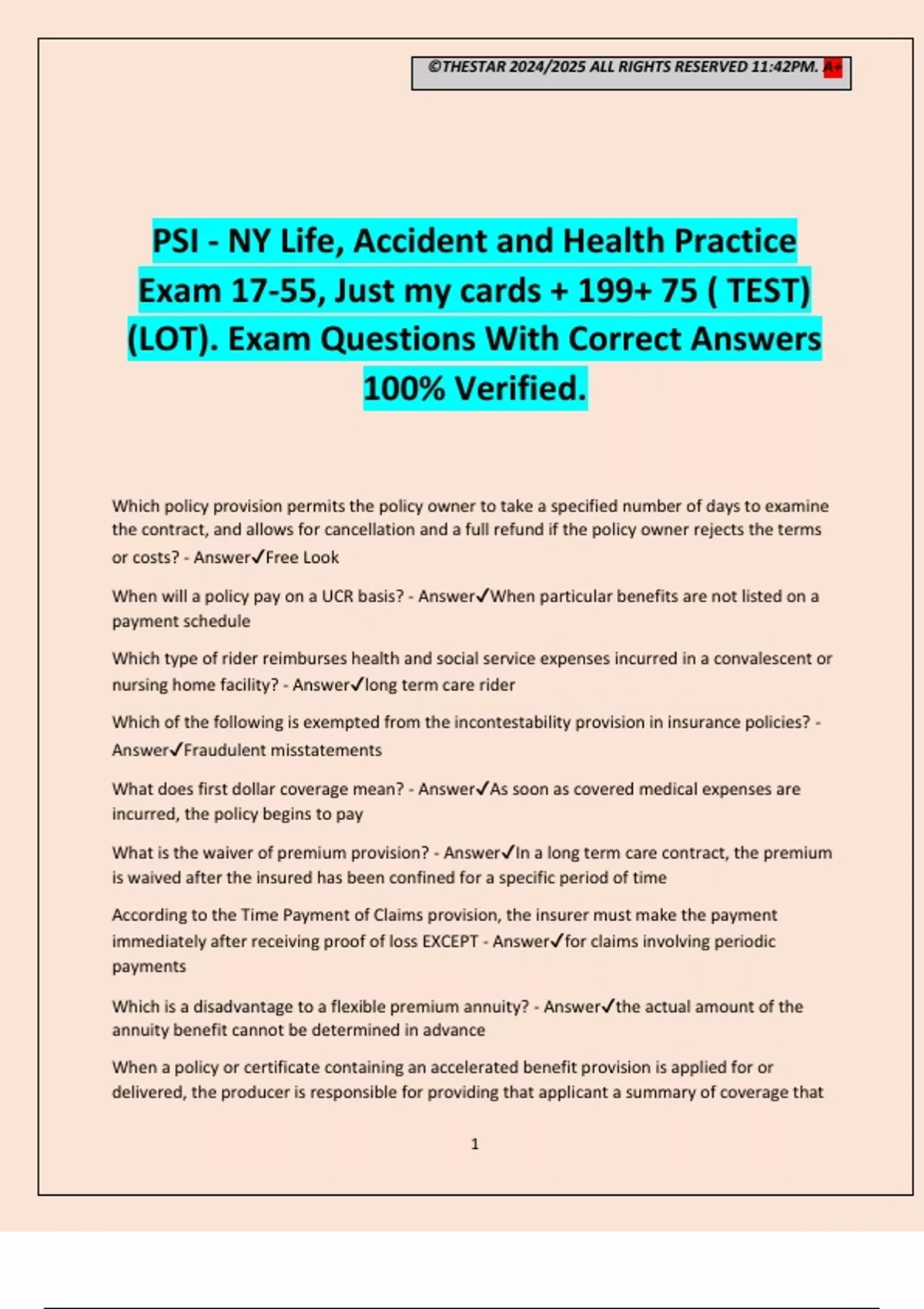PSI - NY Life, Accident and Health Practice Exam 17-55, Just my cards ...
