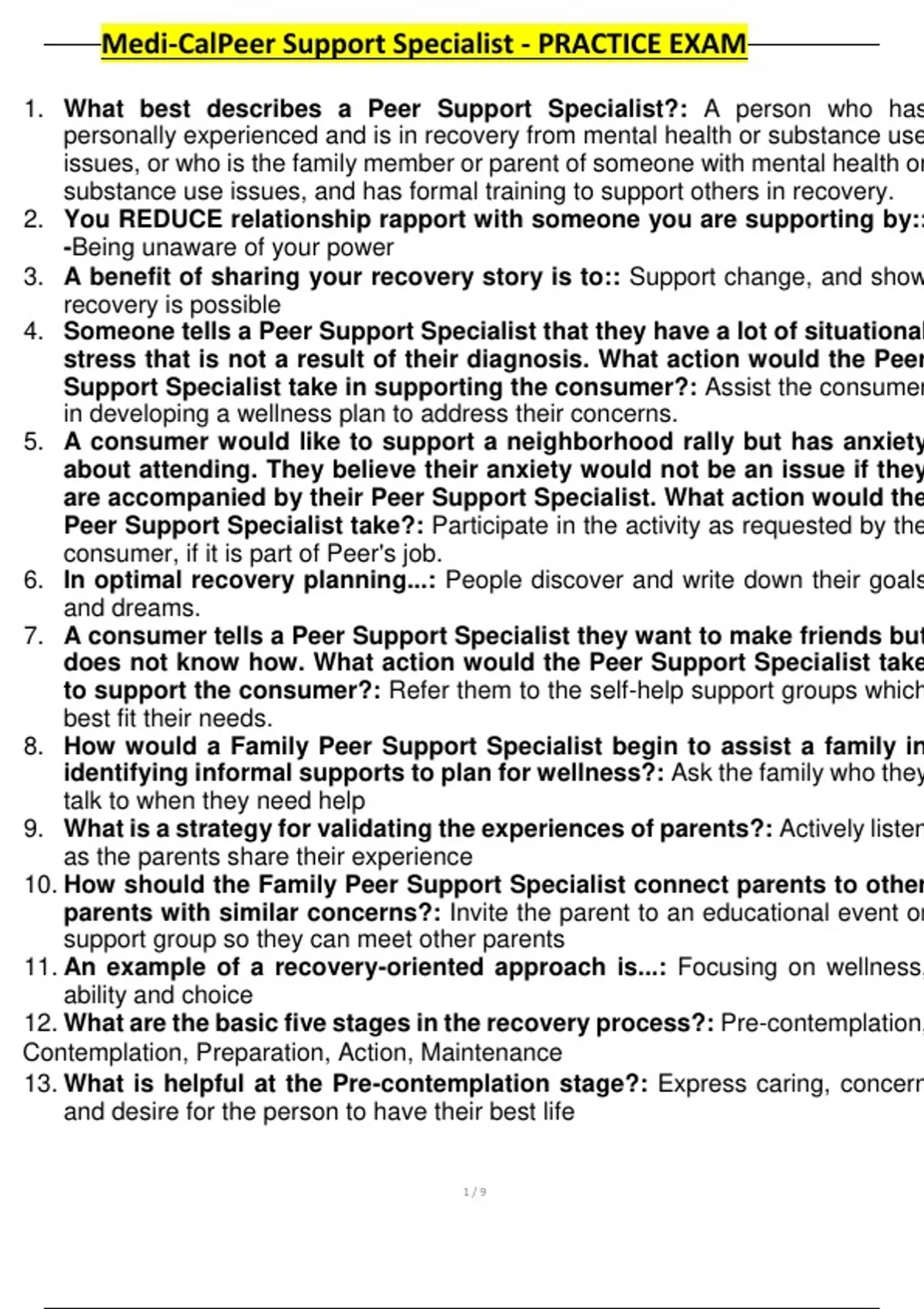 Medical Peer Support Specialist PRACTICE EXAM 1 with verified questions and answers 2025.pdf ...