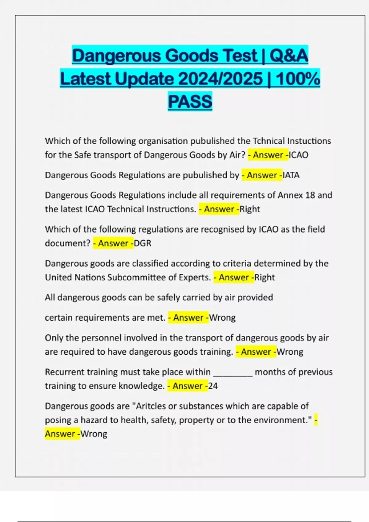 DANGEROUS GOODS PACKAGE DEAL EXAMS | QUESTIONS AND CORRECT ANSWERS ...