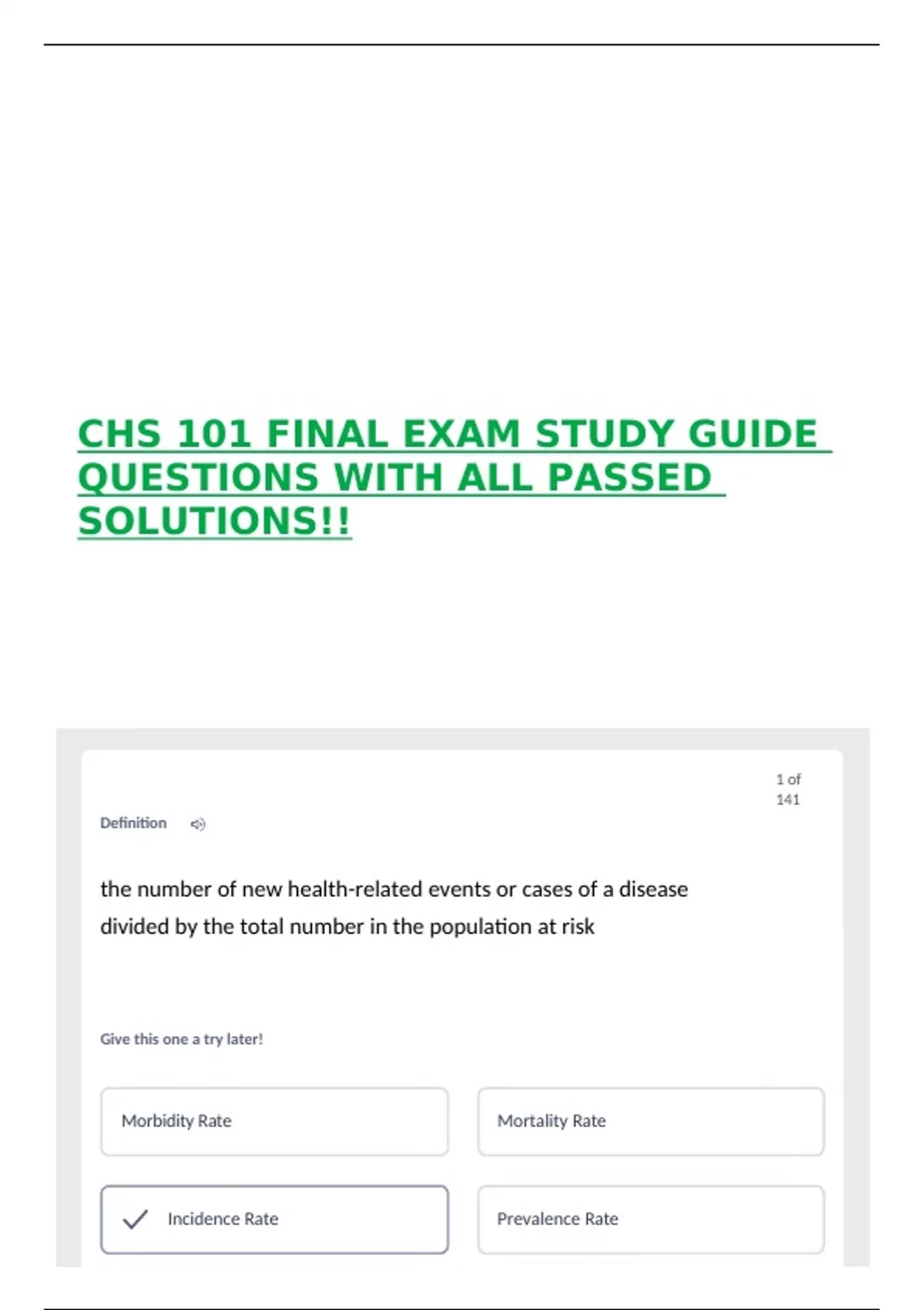 CHS 101 FINAL EXAM STUDY GUIDE QUESTIONS WITH ALL PASSED SOLUTIONS ...
