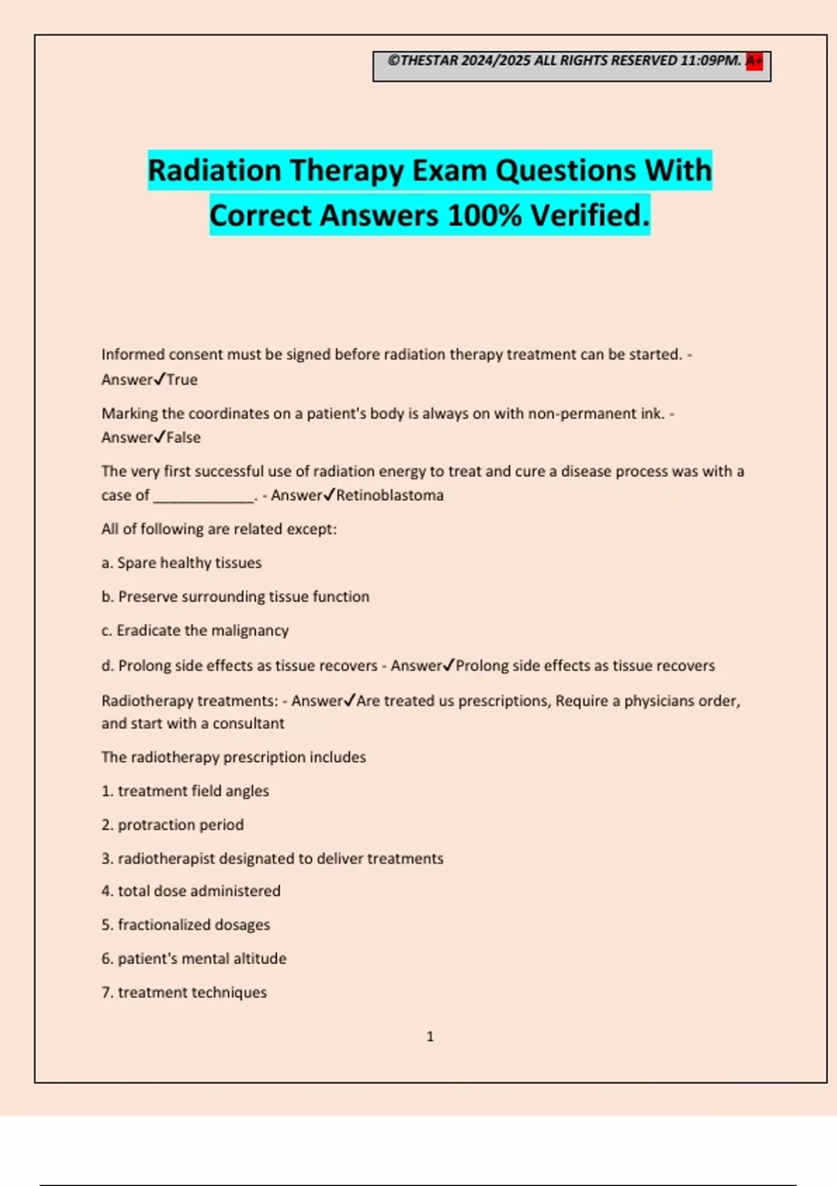 Radiation Therapy Exam Questions With Correct Answers 100% Verified ...