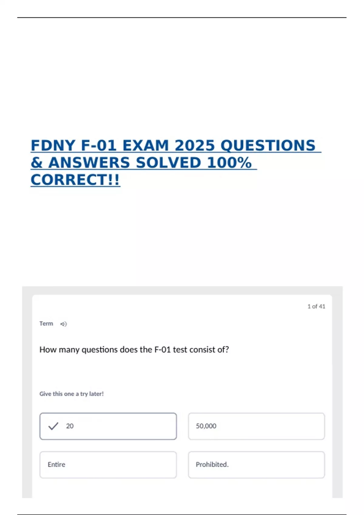 FDNY F-01 EXAM 2025 QUESTIONS & ANSWERS SOLVED 100% CORRECT!! - FDNY F ...