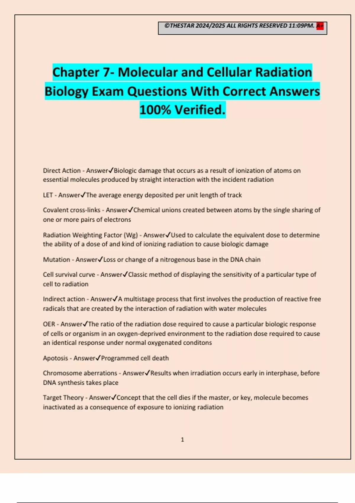 Chapter 7- Molecular and Cellular Radiation Biology Exam Questions With ...