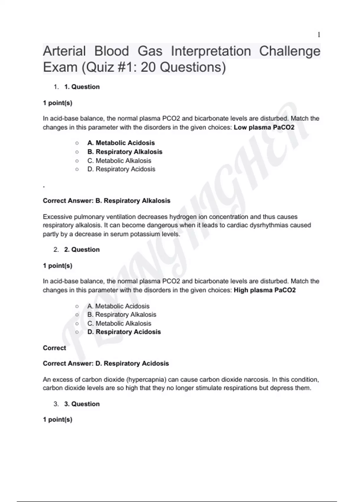 Arterial Blood Gas Interpretation Challenge Exam (Quiz #1: 20 Questions ...
