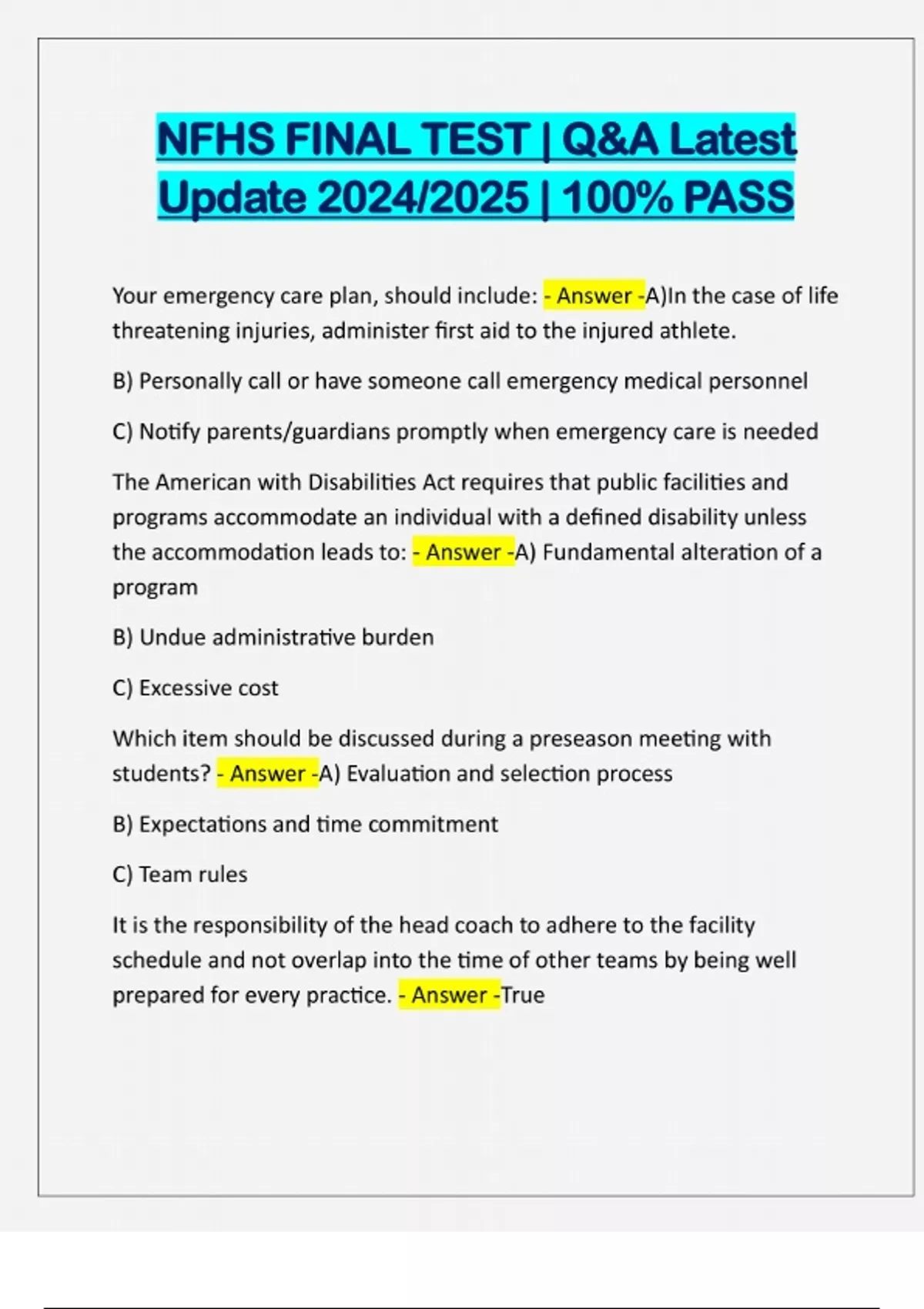 NFHS FINAL TEST | Q&A Latest Update 2024/2025 | 100% PASS - NFHS ...