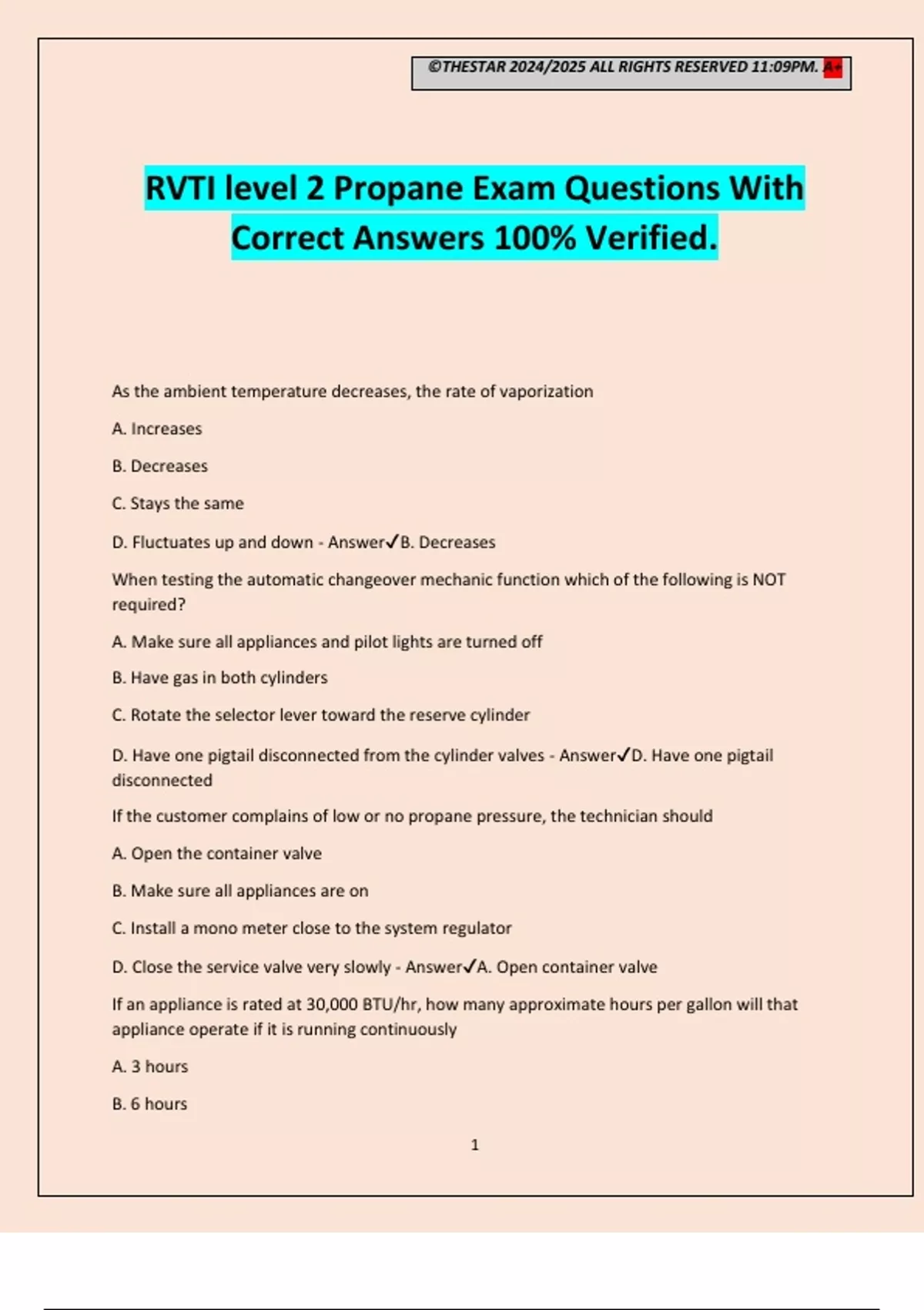 RVTI level 2 Propane Exam Questions With Correct Answers 100% Verified ...