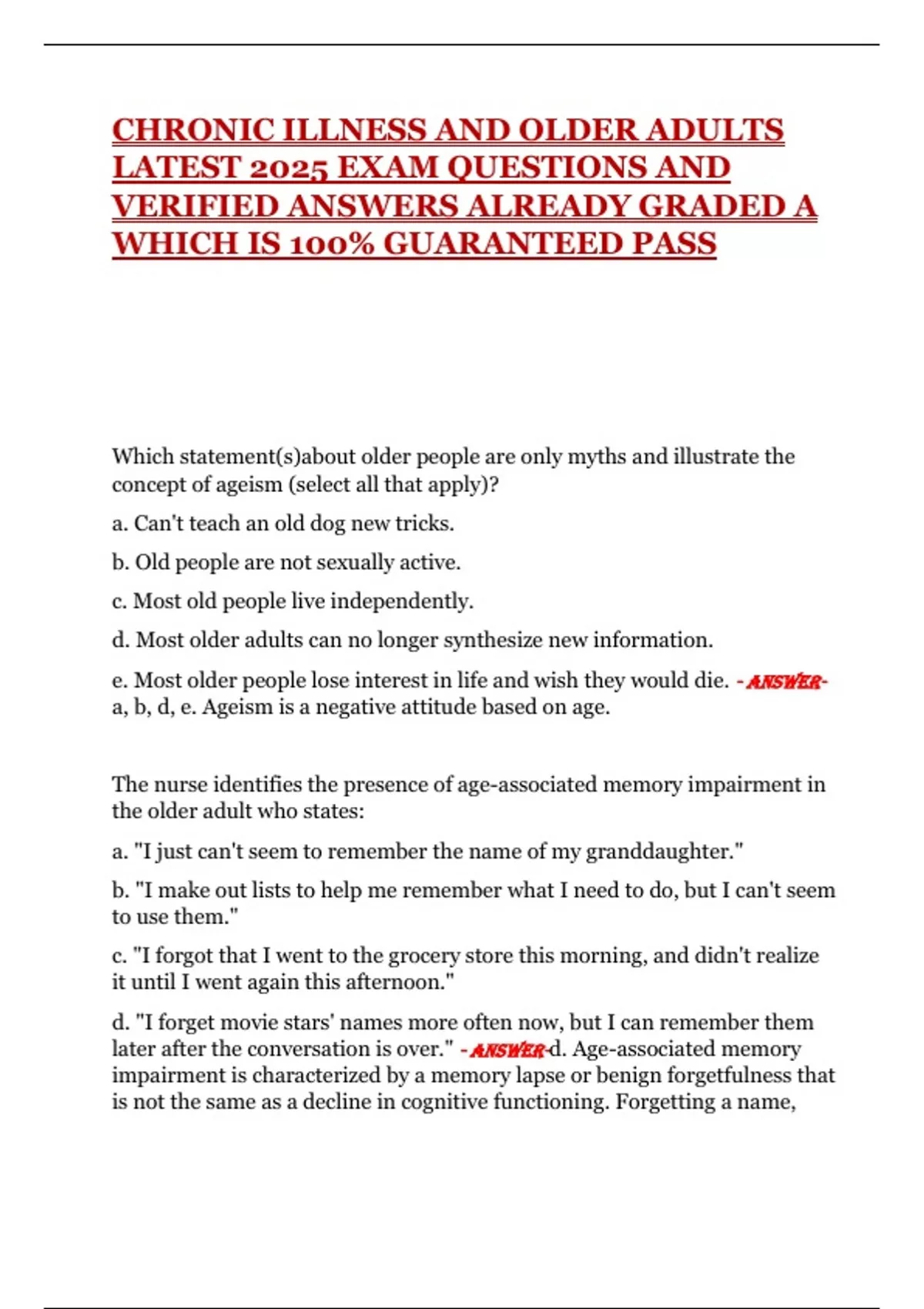CHRONIC ILLNESS AND OLDER ADULTS LATEST 2025 EXAM QUESTIONS AND ...