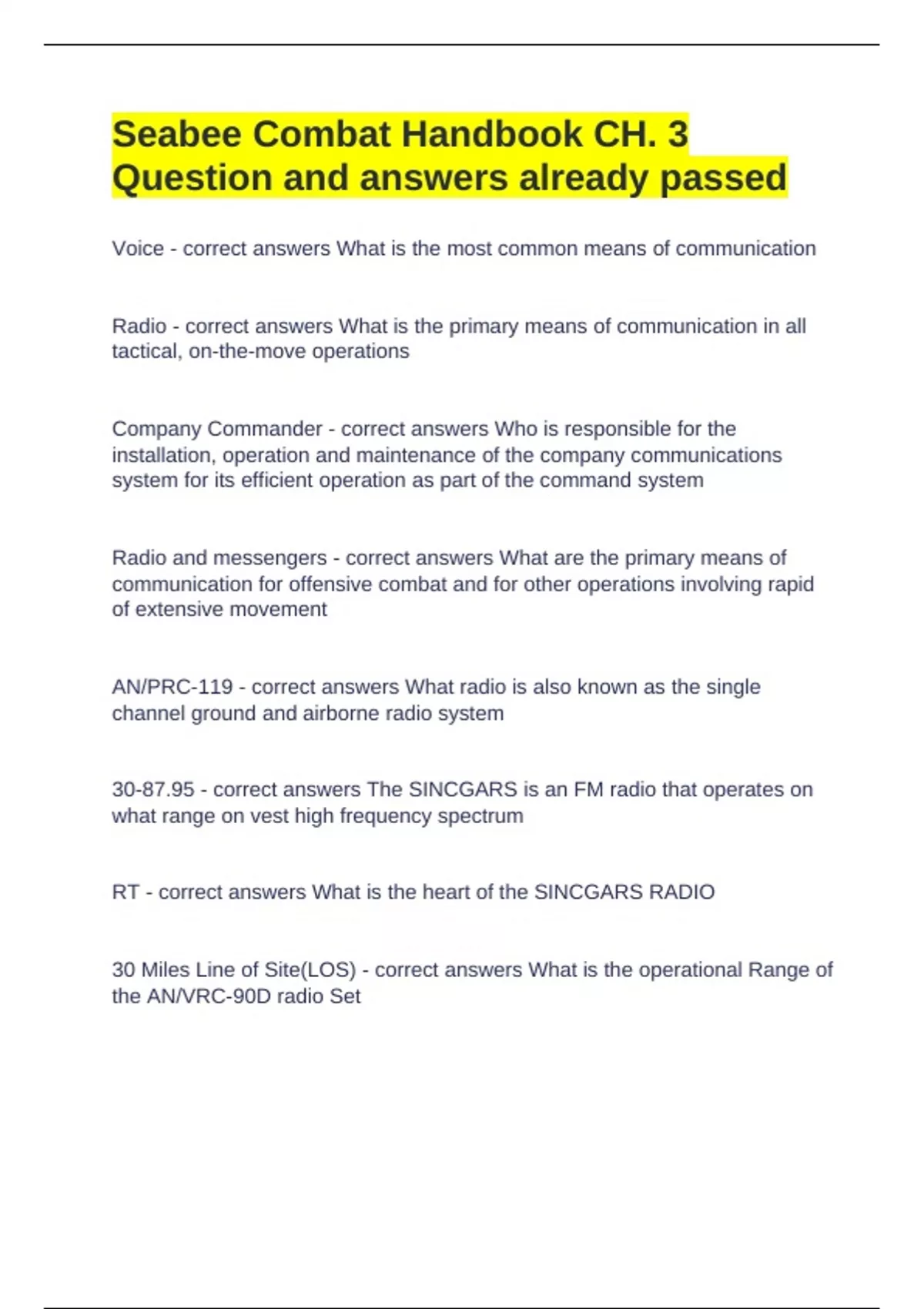 Seabee Combat Handbook CH. 3 Question and answers already passed ...