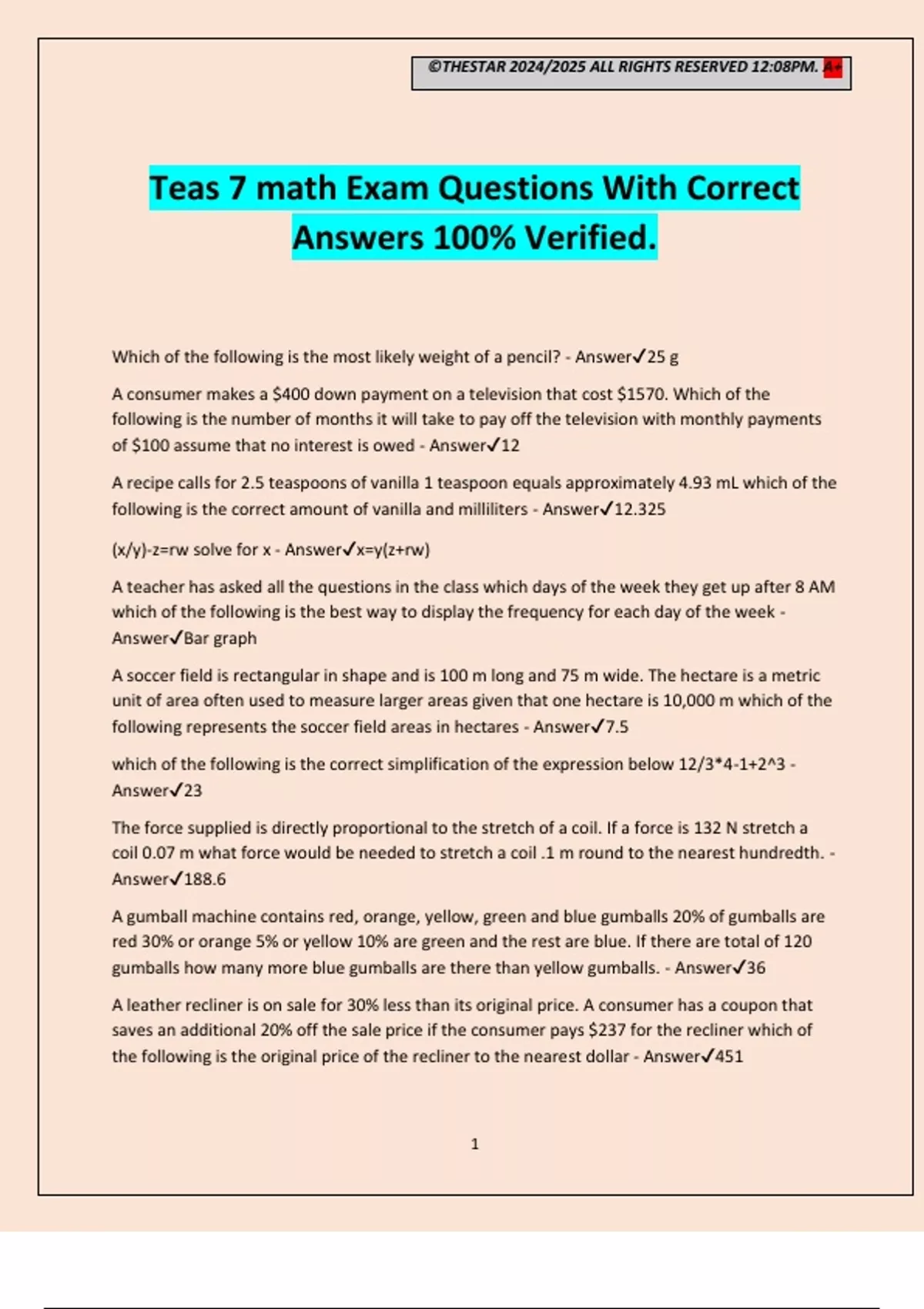 Teas 7 math Exam Questions With Correct Answers 100% Verified. - TEAS 7 ...