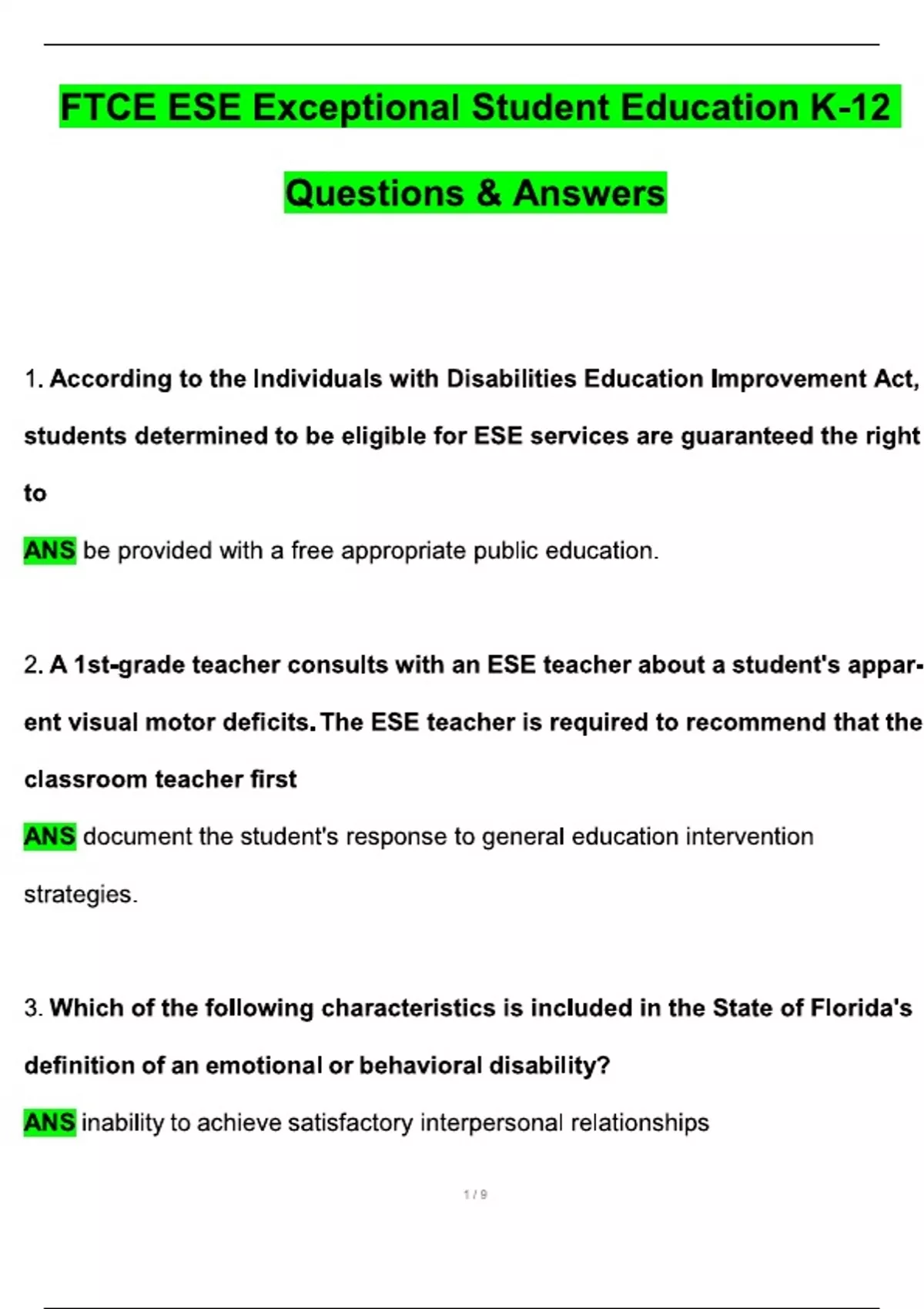 FTCE ESE Exceptional Student Education K-12 (2025 / 2026 Update ...