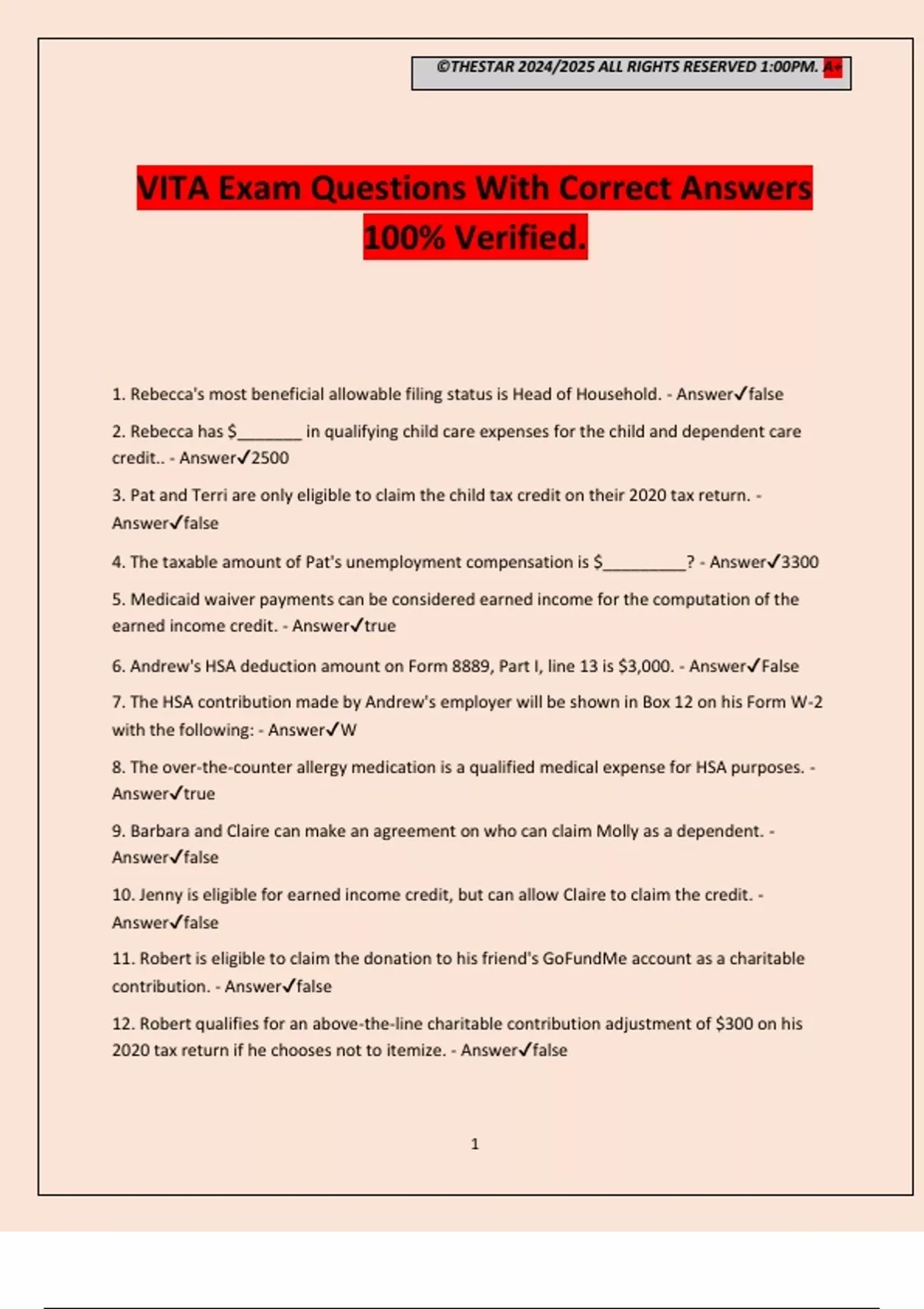 VITA Exam Questions With Correct Answers 100% Verified. - VITA - Stuvia US