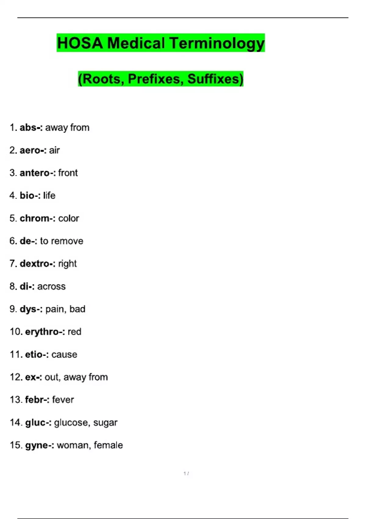 HOSA Medical Terminology (roots, prefixes, suffixes) (2025 / 2026 ...