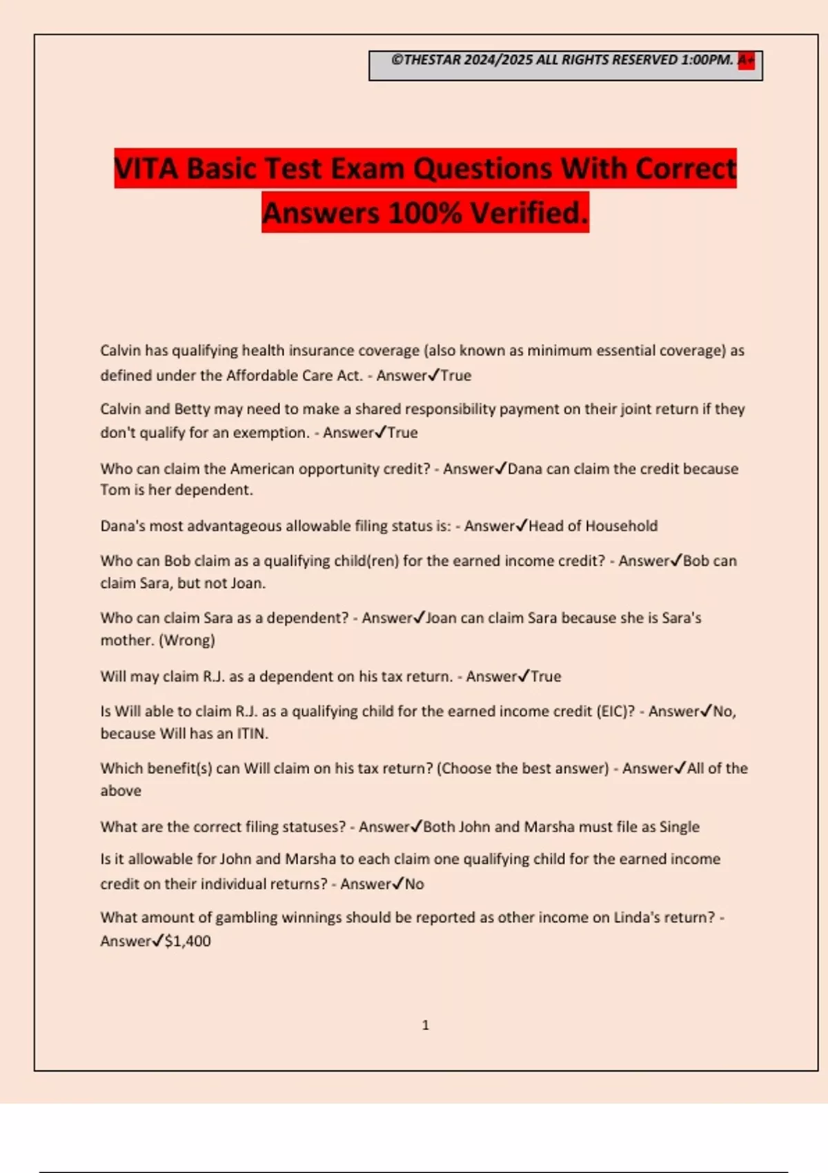 VITA Basic Test Exam Questions With Correct Answers 100% Verified ...