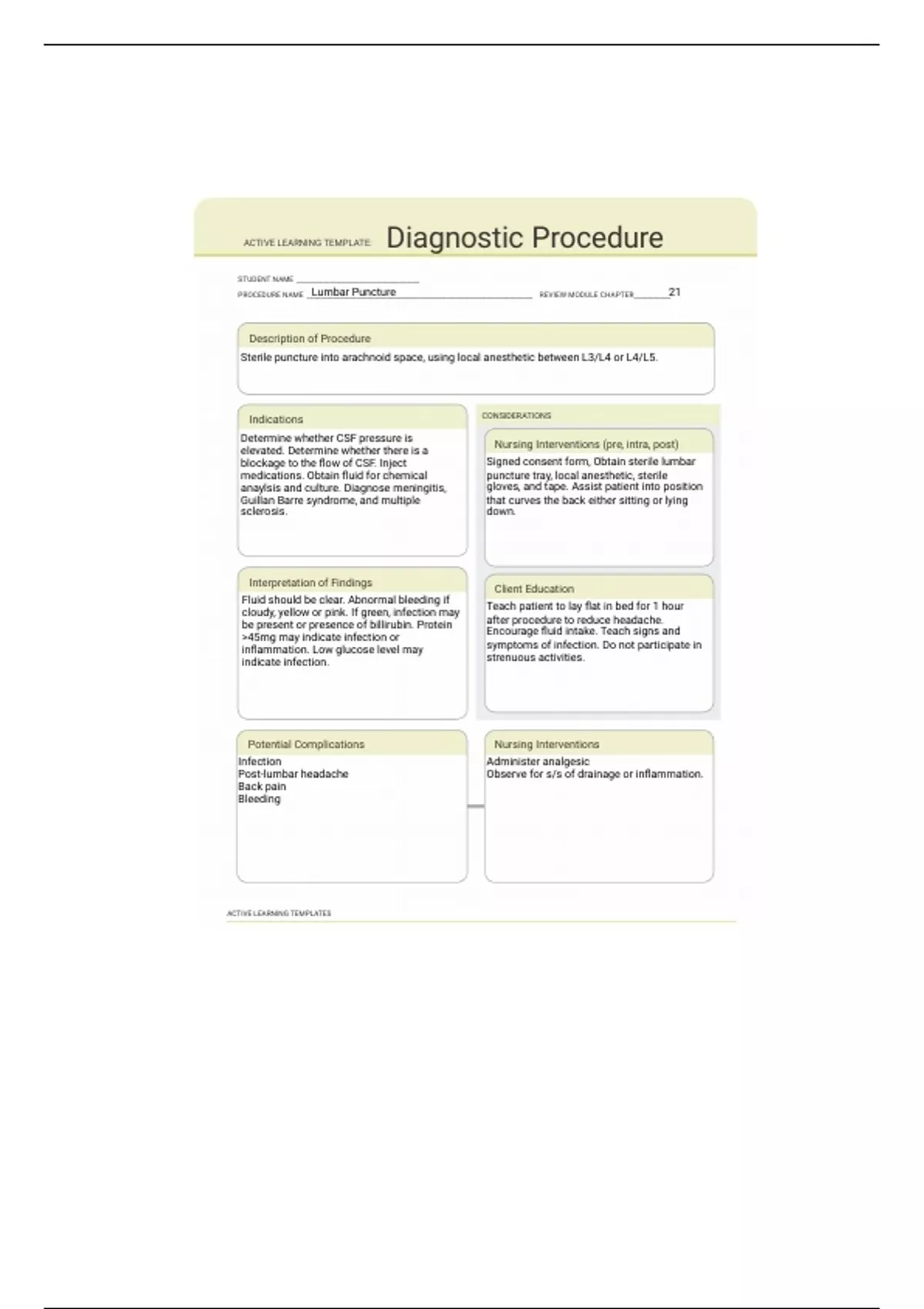 NUR 170 Lumbar puncture ATI diagnostic procedure Template - NUR 170 ...