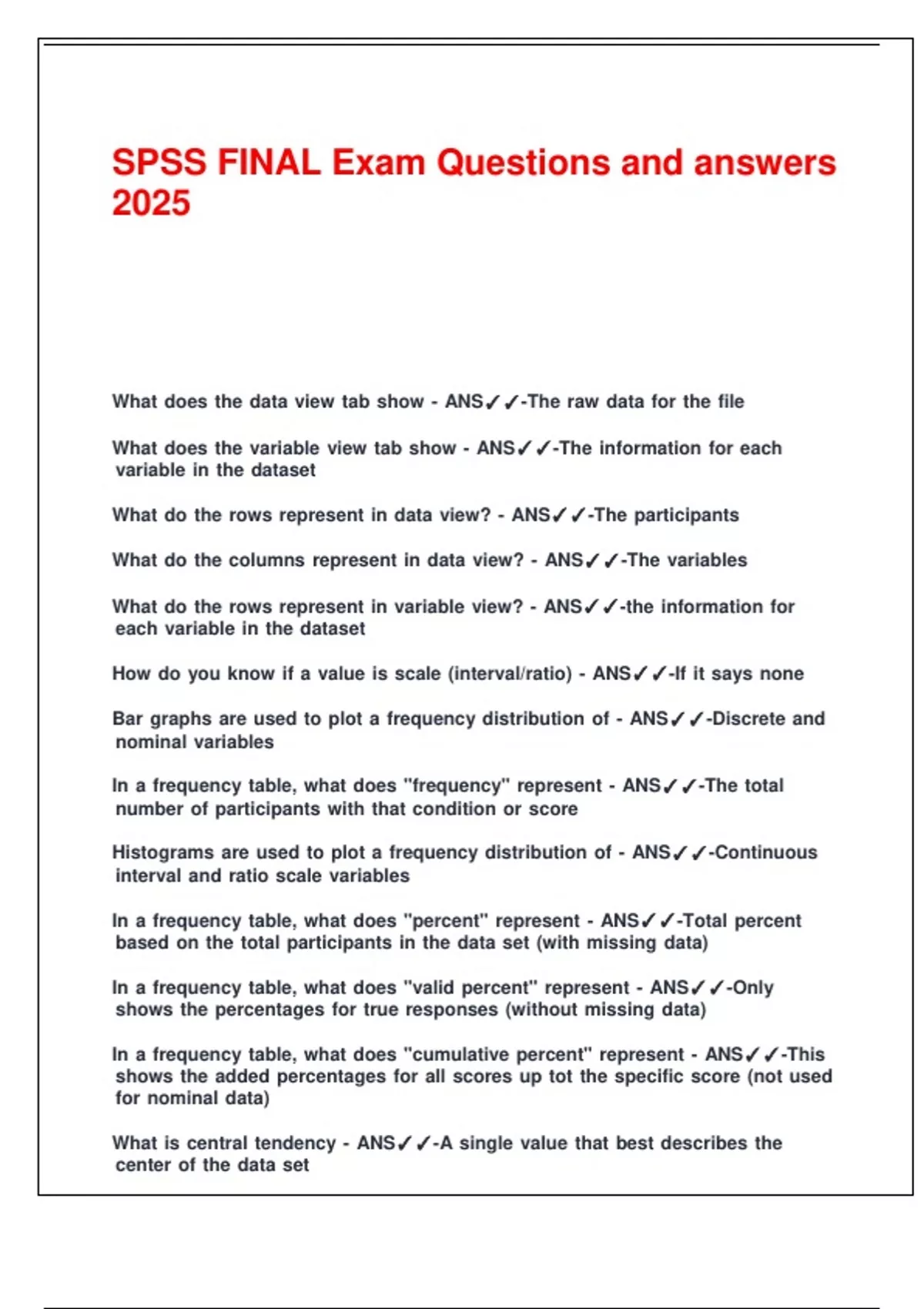 SPSS FINAL Exam Questions and answers 2025. - SPSS - Stuvia US