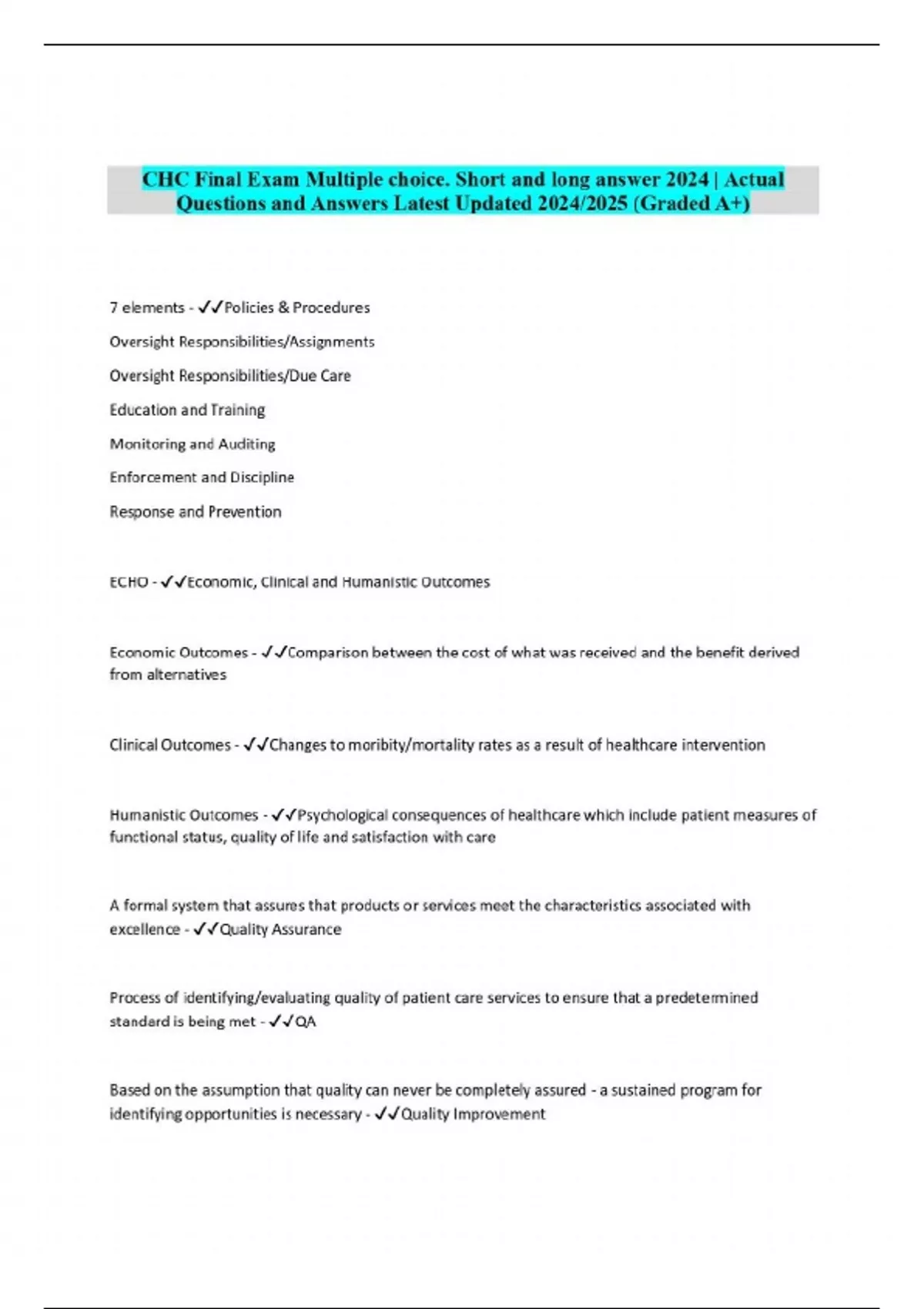 CHC Final Exam Multiple choice. Short and long answer 2024 | Actual ...