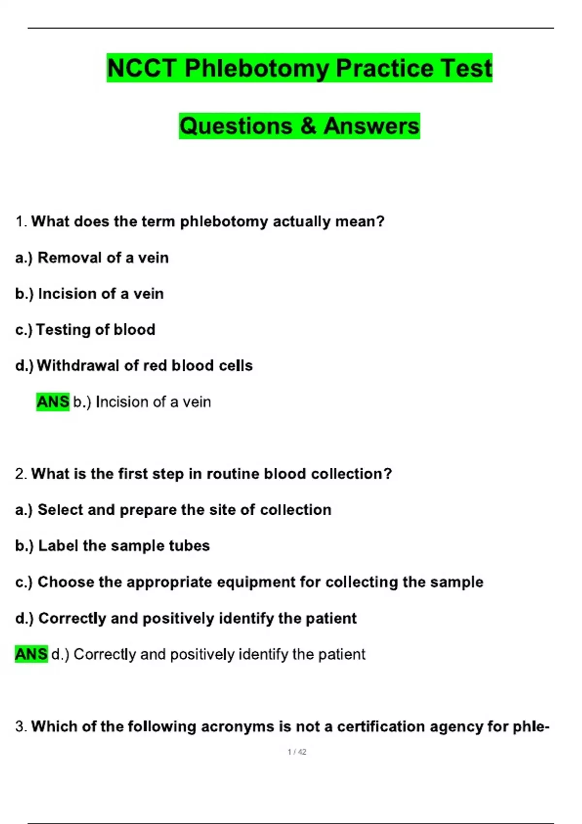 NCCT Phlebotomy Practice Test Questions (Latest 2025 / 2026 Update ...
