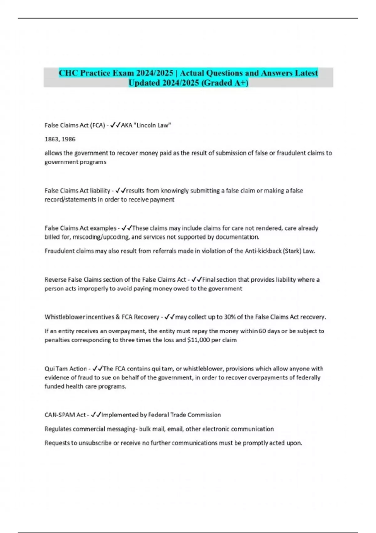 CHC Practice Exam 2024/2025 | Actual Questions and Answers Latest ...