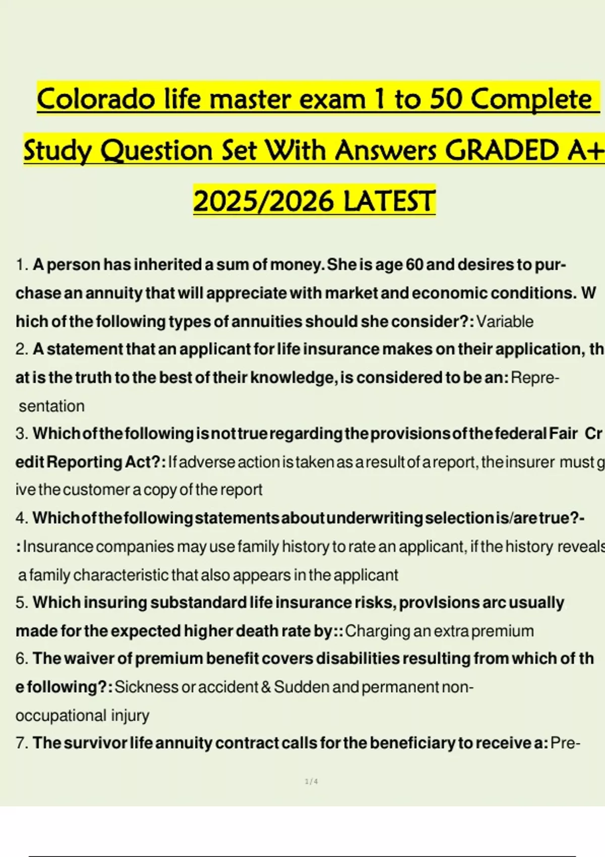 Colorado life master exam 1 to 50 Complete Study Question Set With ...