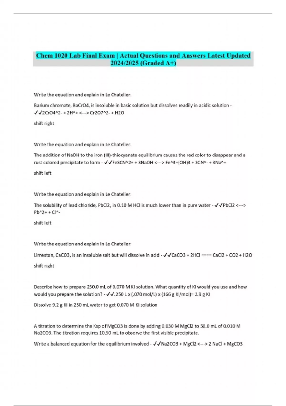 Chem 1020 Lab Final Exam | Actual Questions and Answers Latest Updated ...