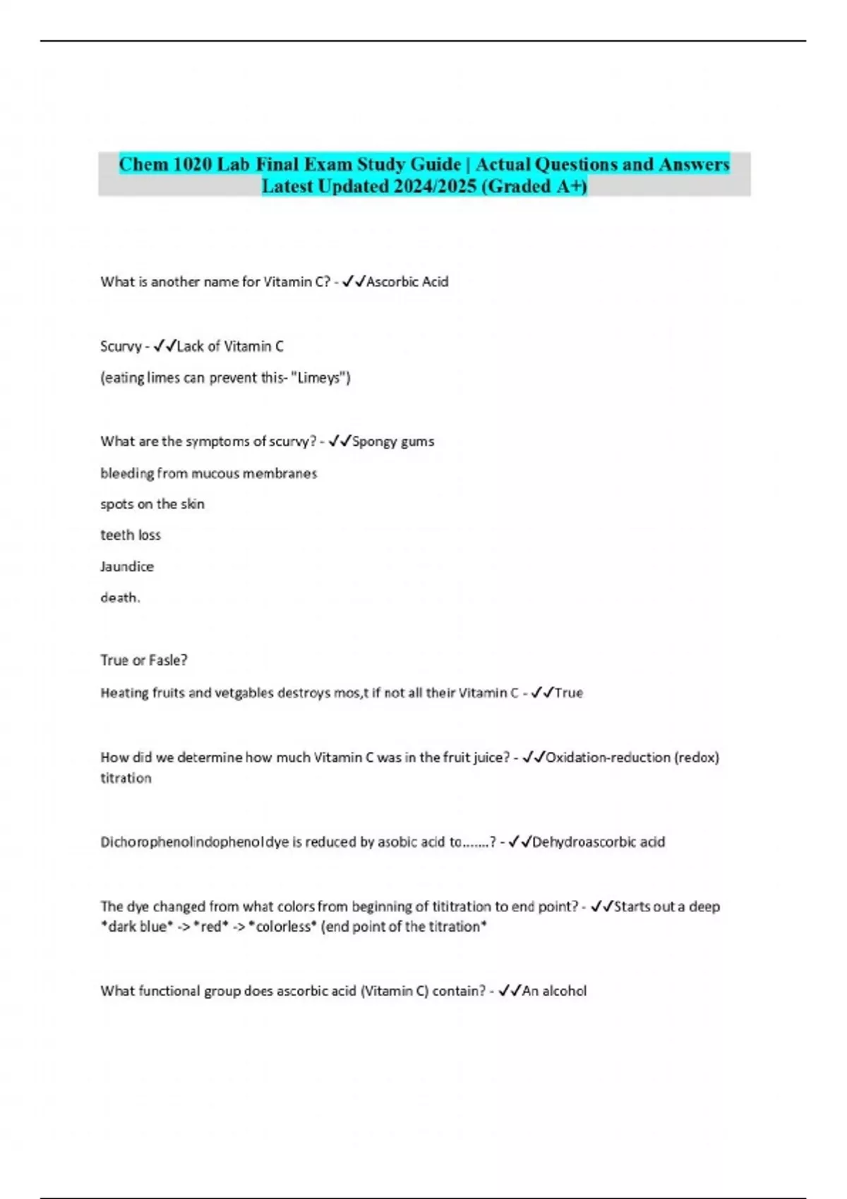 Chem 1020 Lab Final Exam Study Guide | Actual Questions and Answers ...