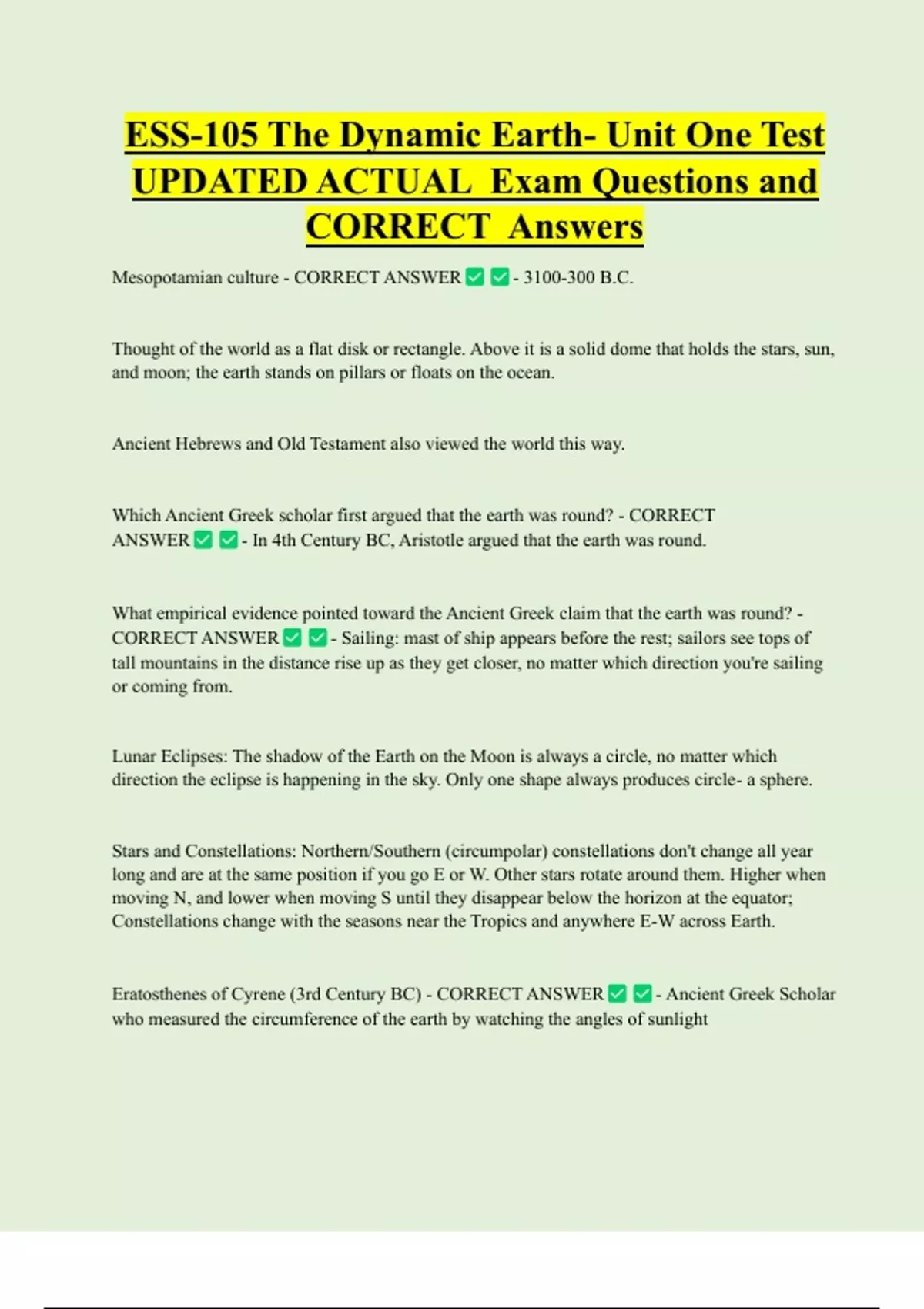 ESS-105 The Dynamic Earth- Unit One Test UPDATED ACTUAL Exam Questions ...