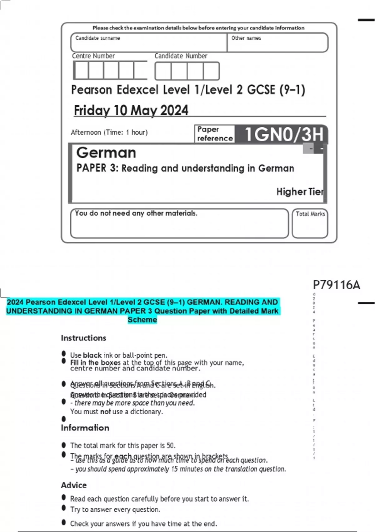 2024 Pearson Edexcel Level 1/Level 2 GCSE (9–1) GERMAN. READING AND ...
