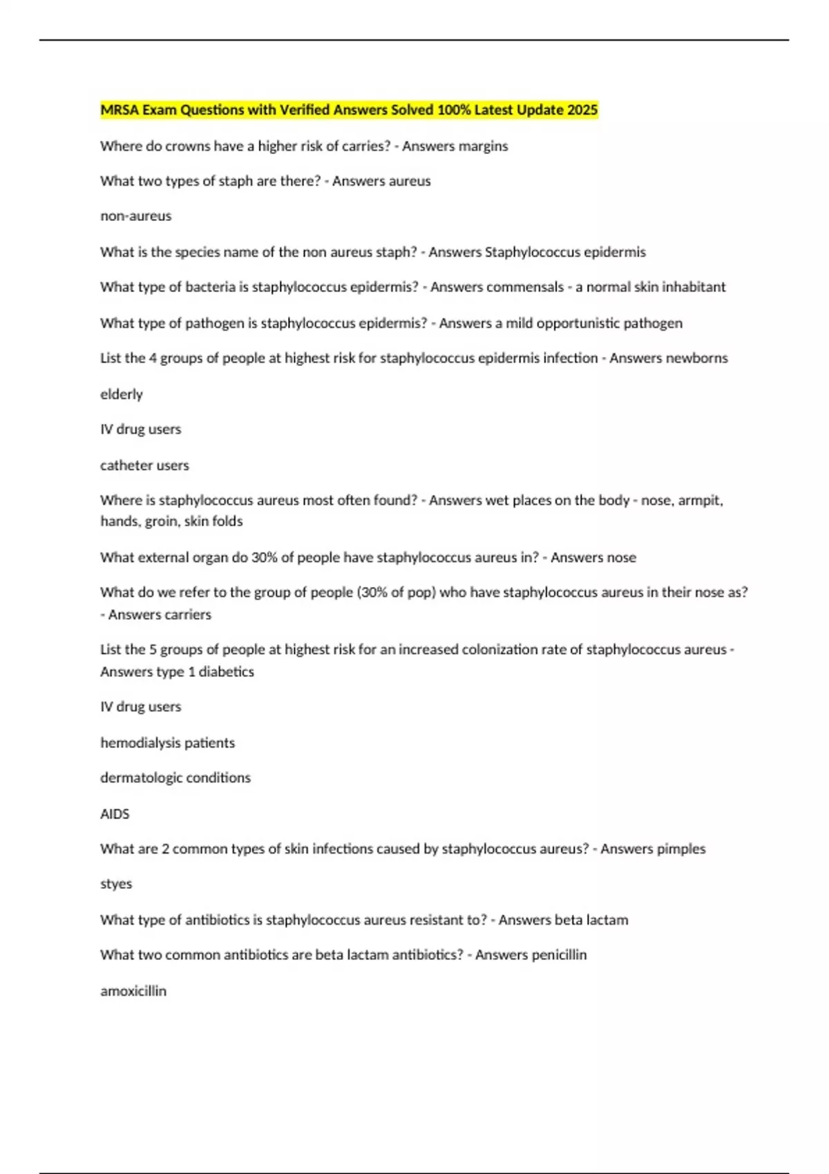 MRSA Exam Questions with Verified Answers Solved 100% Latest Update ...